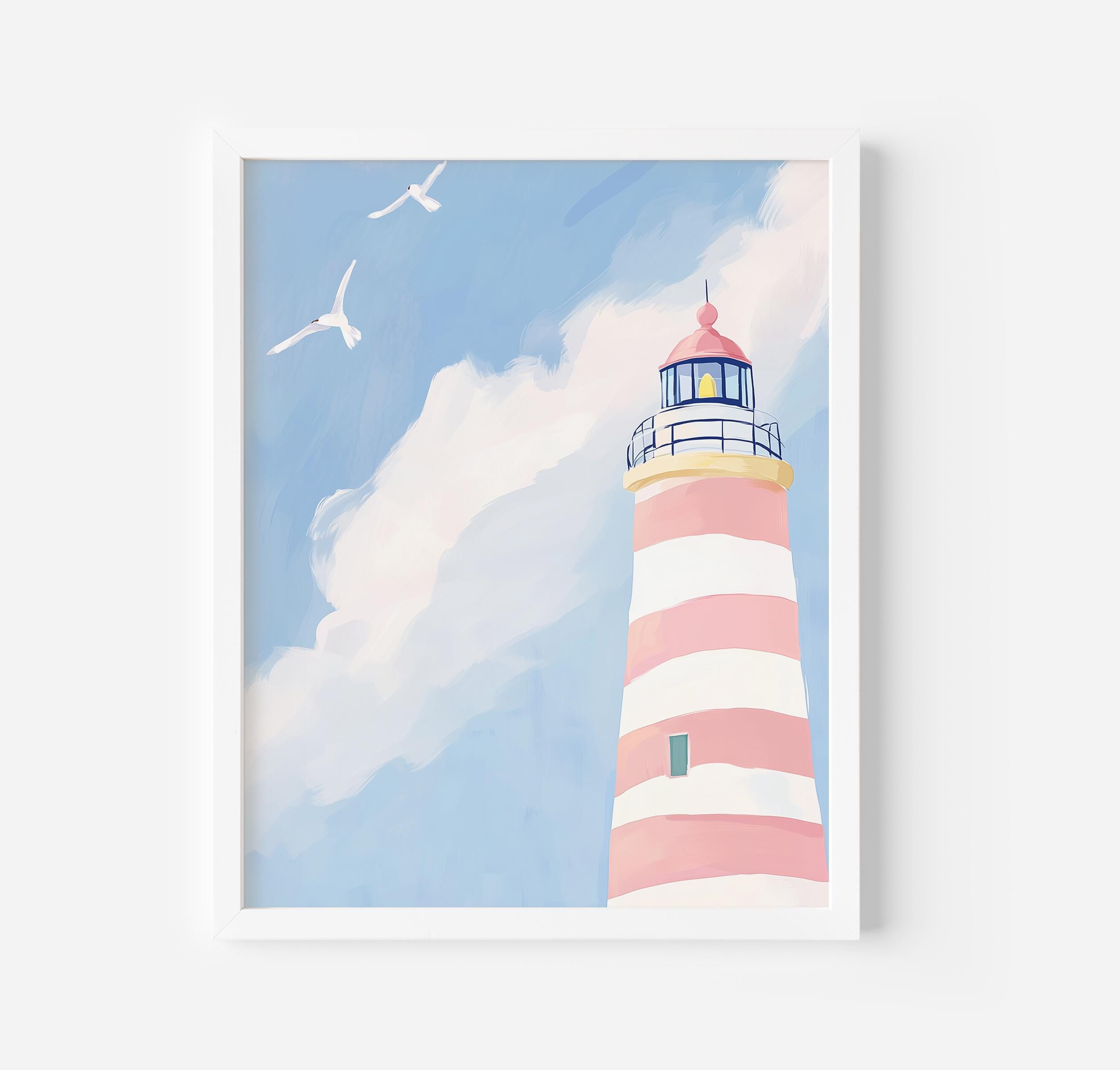 Striped Lighthouse Poster Coastal Beach House Wall Art Warm Present ...