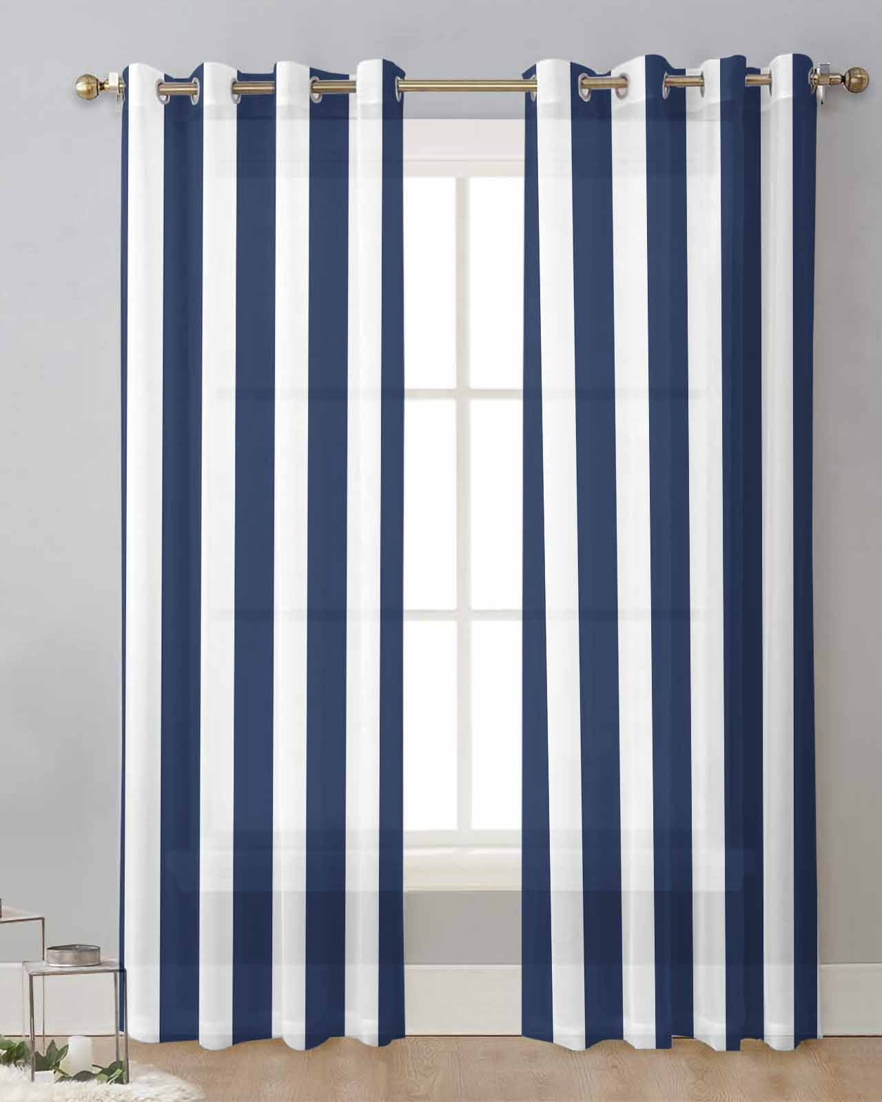 Striped Navy Blue Bedroom Voile Curtain Window Treatment Drapes Tulle ...