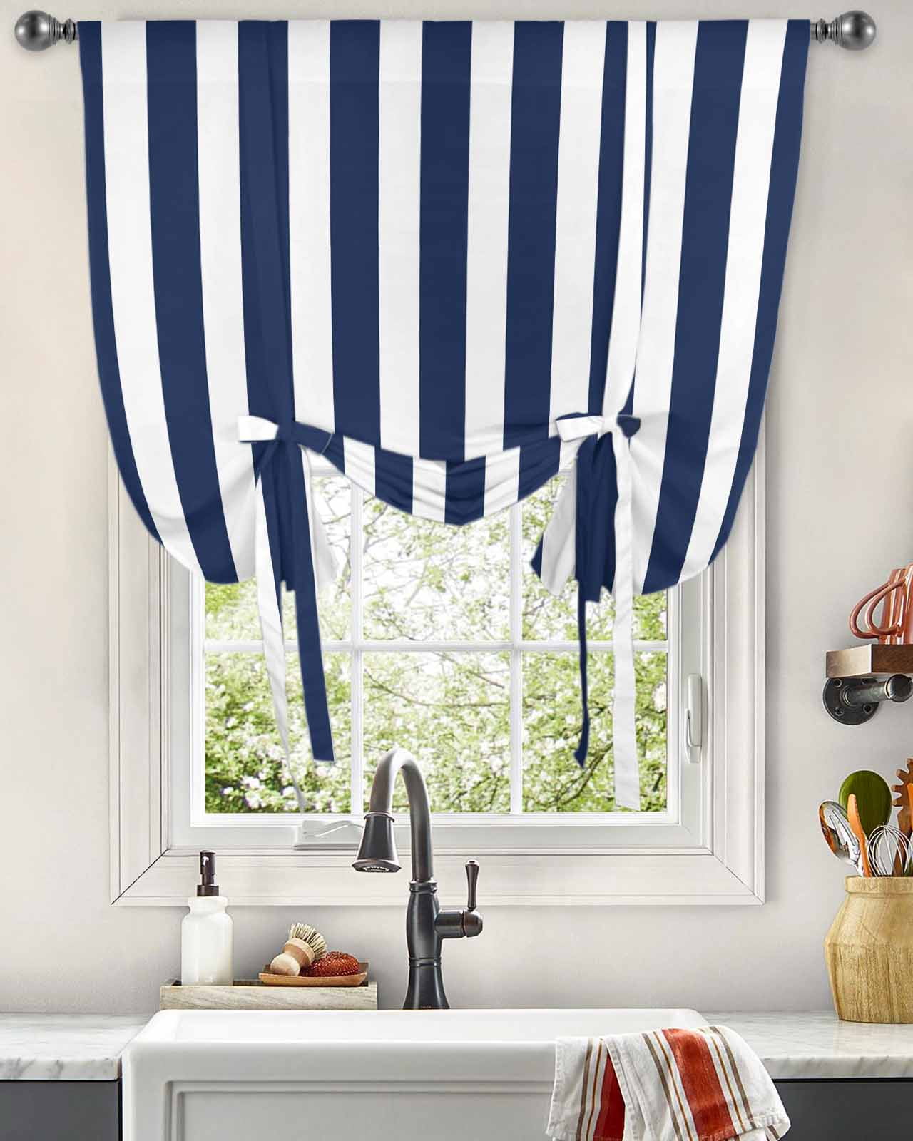 Striped Navy Blue Geometric Window Curtains Tie Up Curtains for Kitchen ...