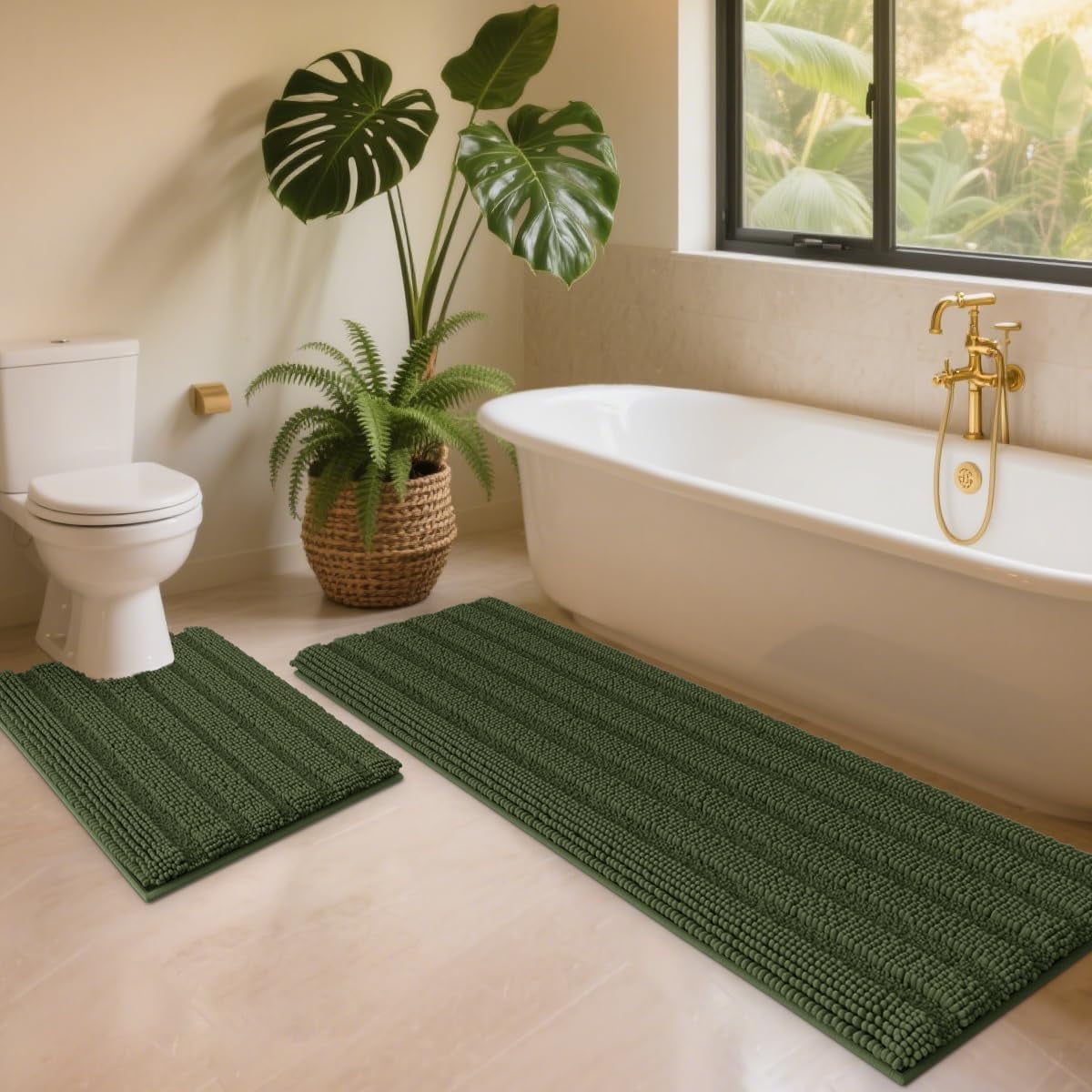 HAKUNA Striped Oliver Green Bathroom Rug Set 2 Piece U Shape 24"x20"+48 ...