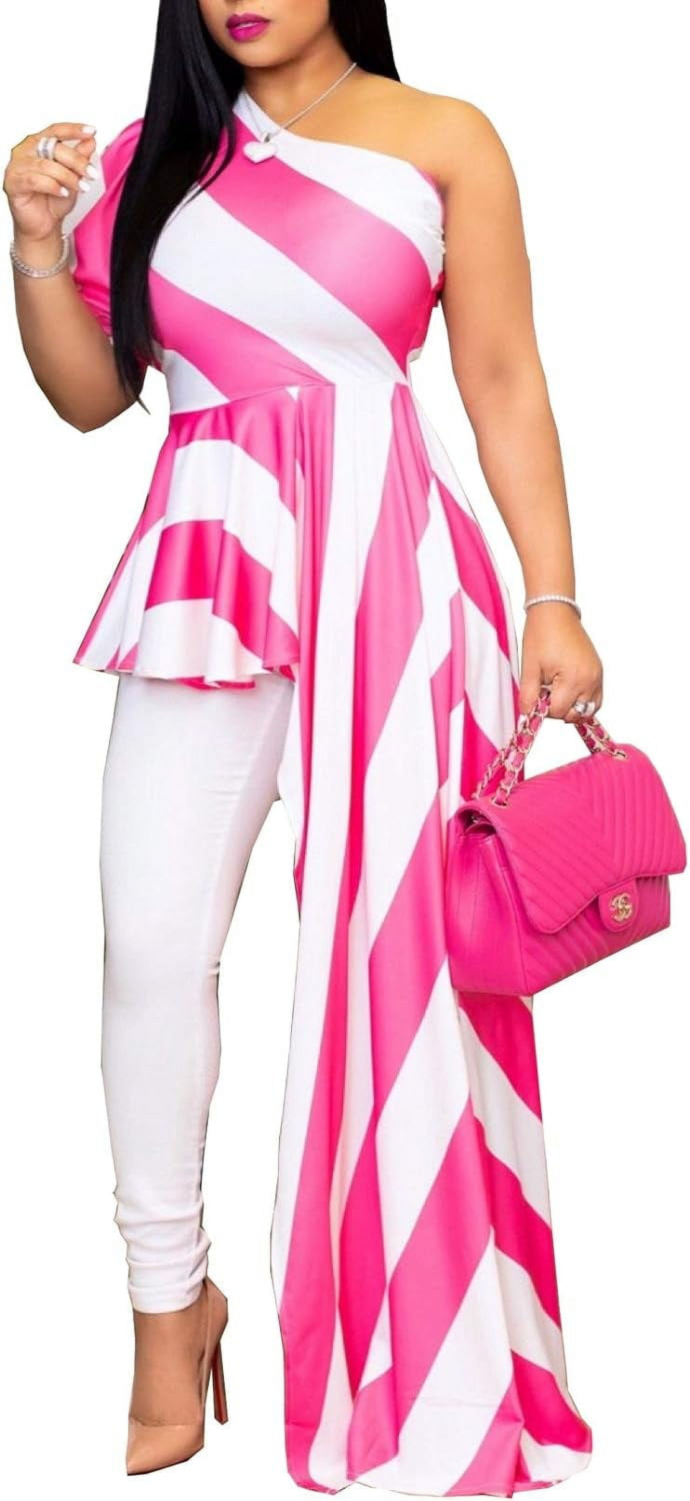 Striped One Shoulder High Low Irregular Blouse Top Women's Ruffle ...