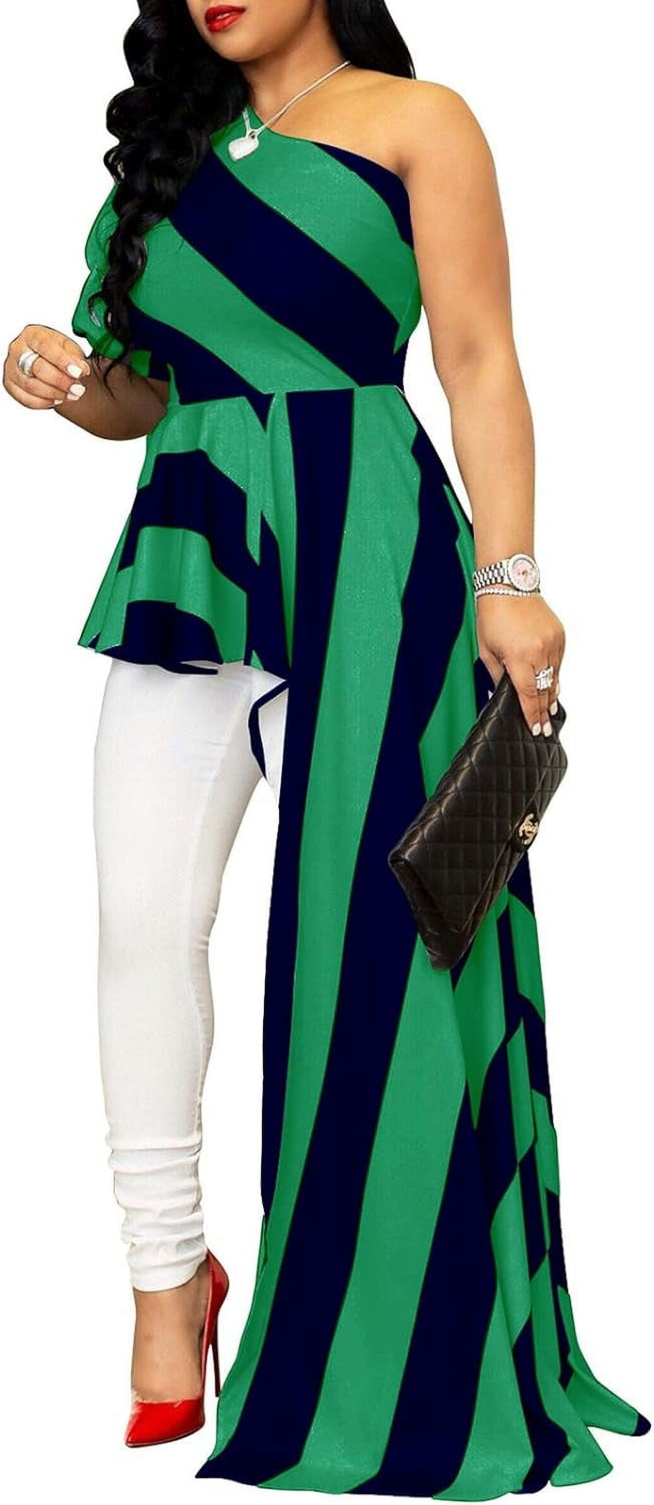 Striped One Shoulder High Low Irregular Blouse Top Women's Ruffle ...