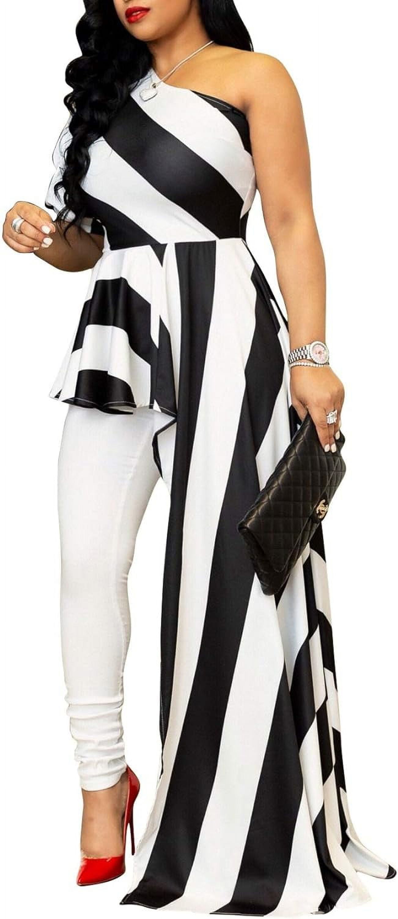 Striped One Shoulder High Low Irregular Blouse Top Women's Ruffle ...