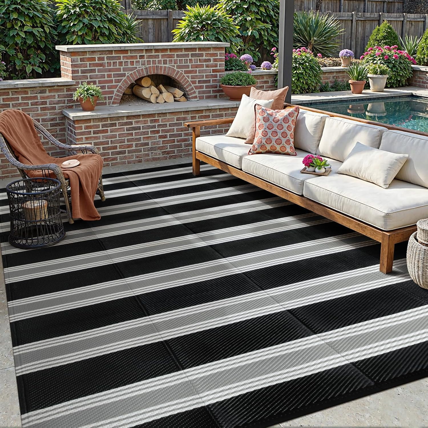 Striped Outdoor Rug 8x10 Patio Waterproof, Reversible Outdoor Plastic Straw Rug for Camping, RV ...