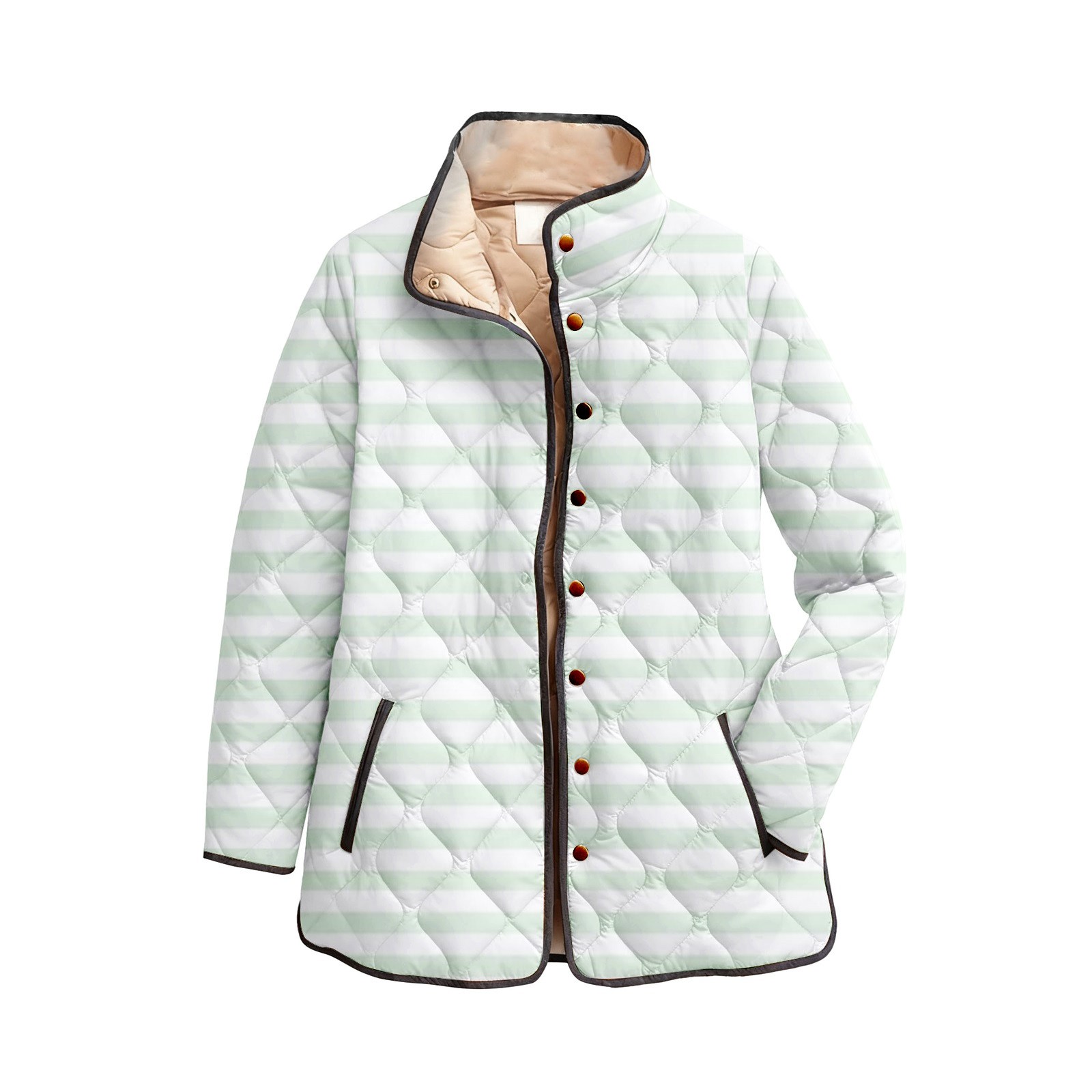 Striped Plus Size Women's Winter Quilted Jacket, Long Sleeve Button ...