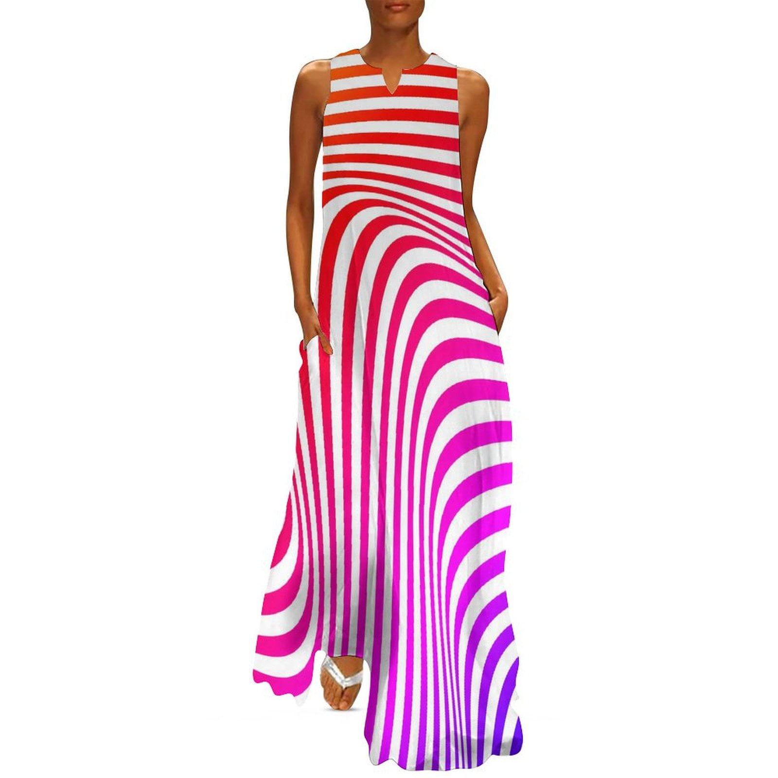 Striped Print Dress Wave Abstract Lines Sexy Maxi Dress Sleeveless ...