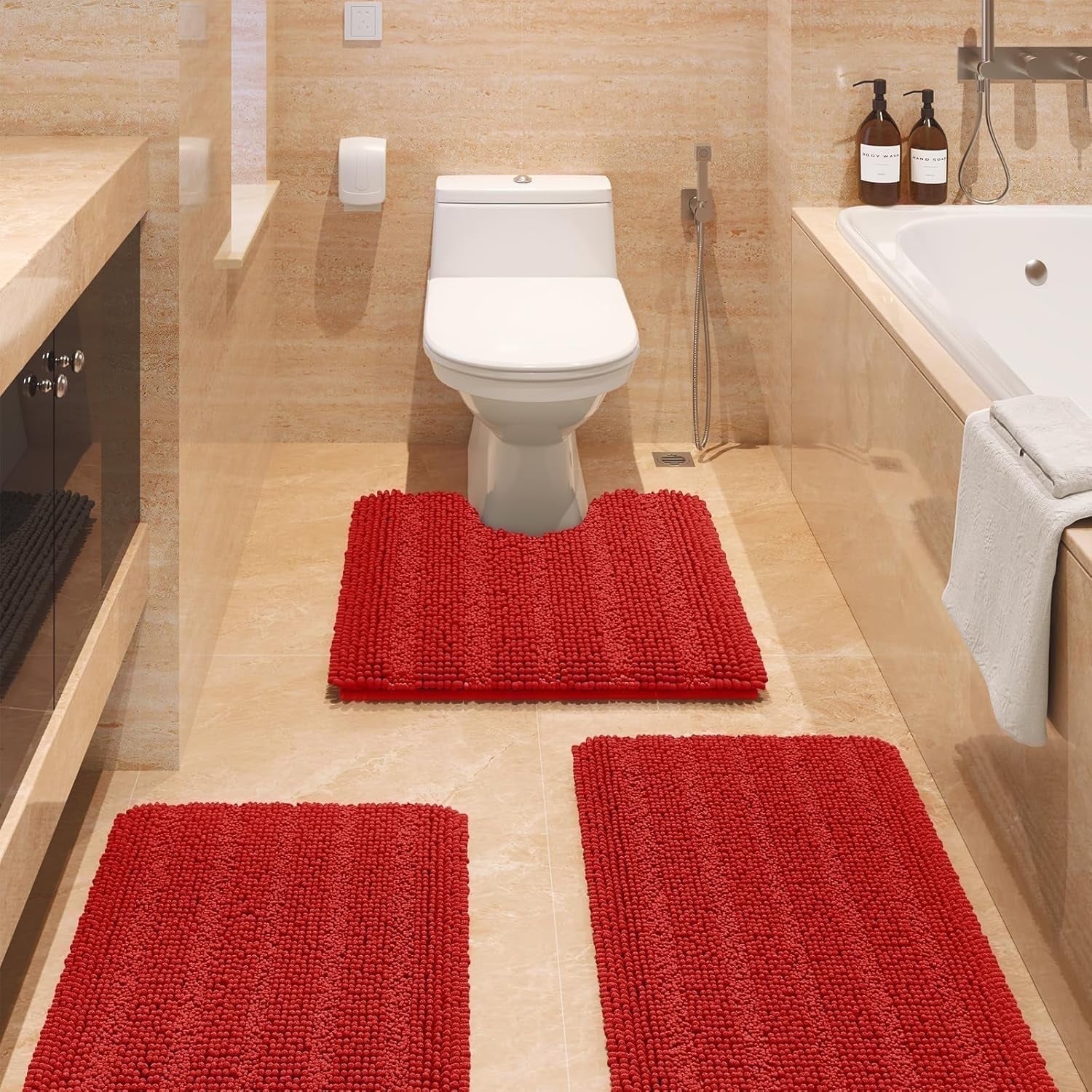Striped Red Bathroom Rug Set 3 Pieces Gray Ultra Soft, Non Slip ...
