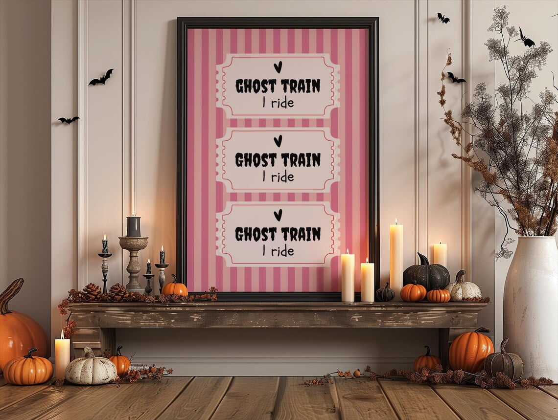 Striped Retro Ghost Train Ticket Print, Vintage Pinkoween Decor Pdf ...