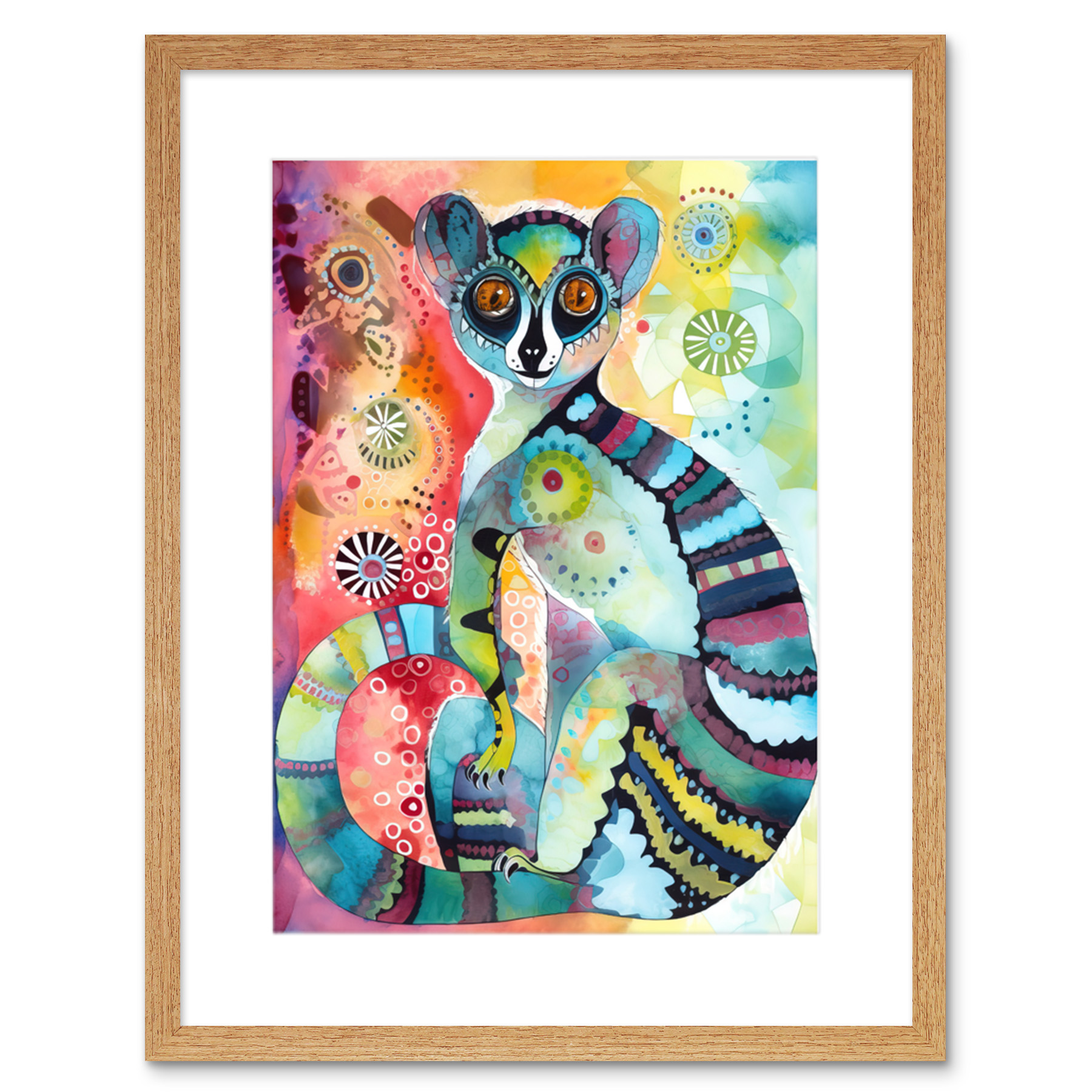 Striped Ring-Tailed Lemur Multicoloured Folk Art Watercolour Painting ...