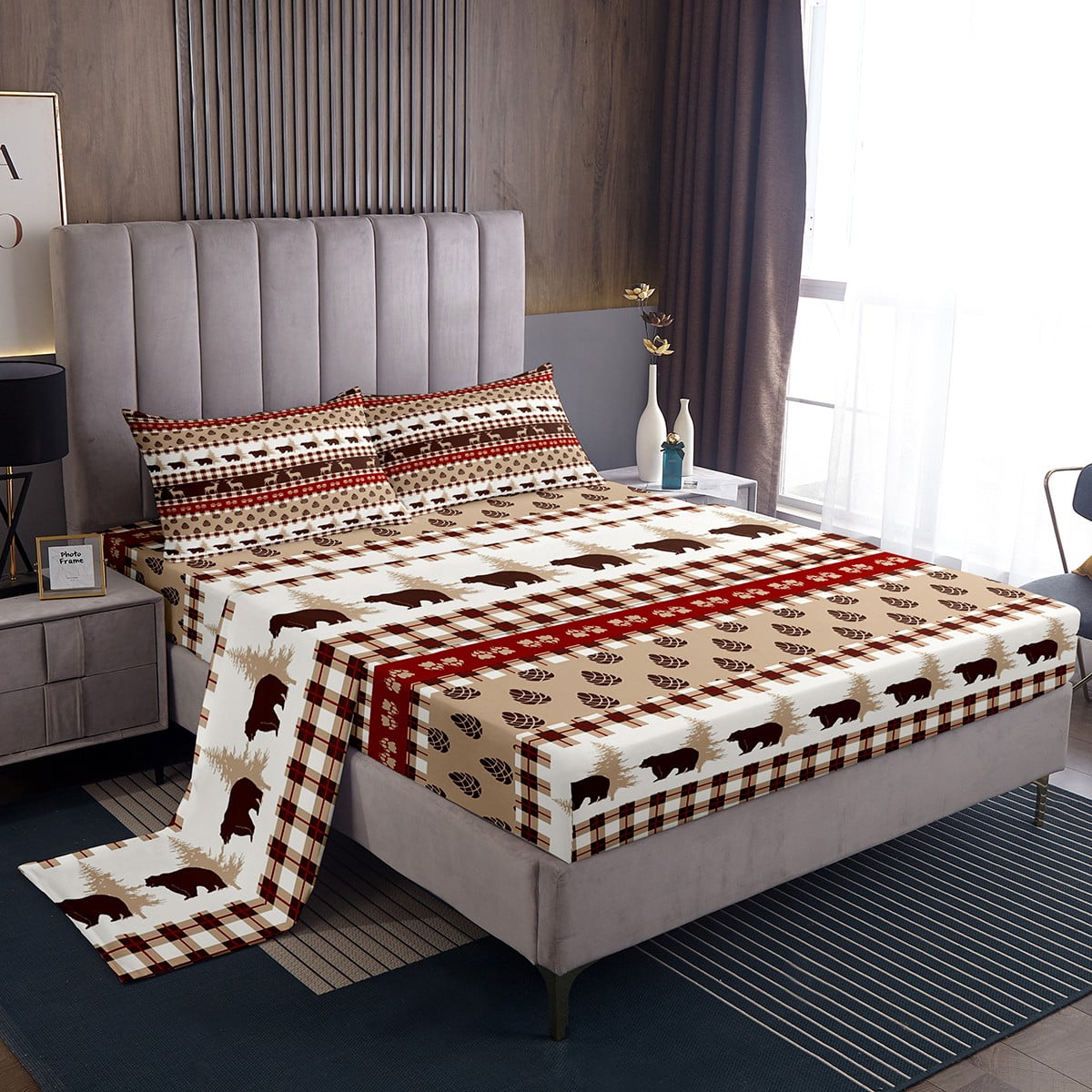 Striped Safari Animal Bed Sheets Set Full Size,Winter Deer Bear Anlters ...