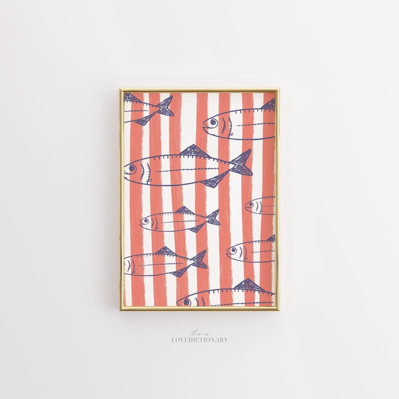 Striped Sardine Art Print, Hand-Drawn Nautical Wall Art, Modern Coastal ...