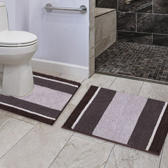 "H.Versailtex Striped Chenille Shag Bathroom Rug Set, Non-Slip, Water ...