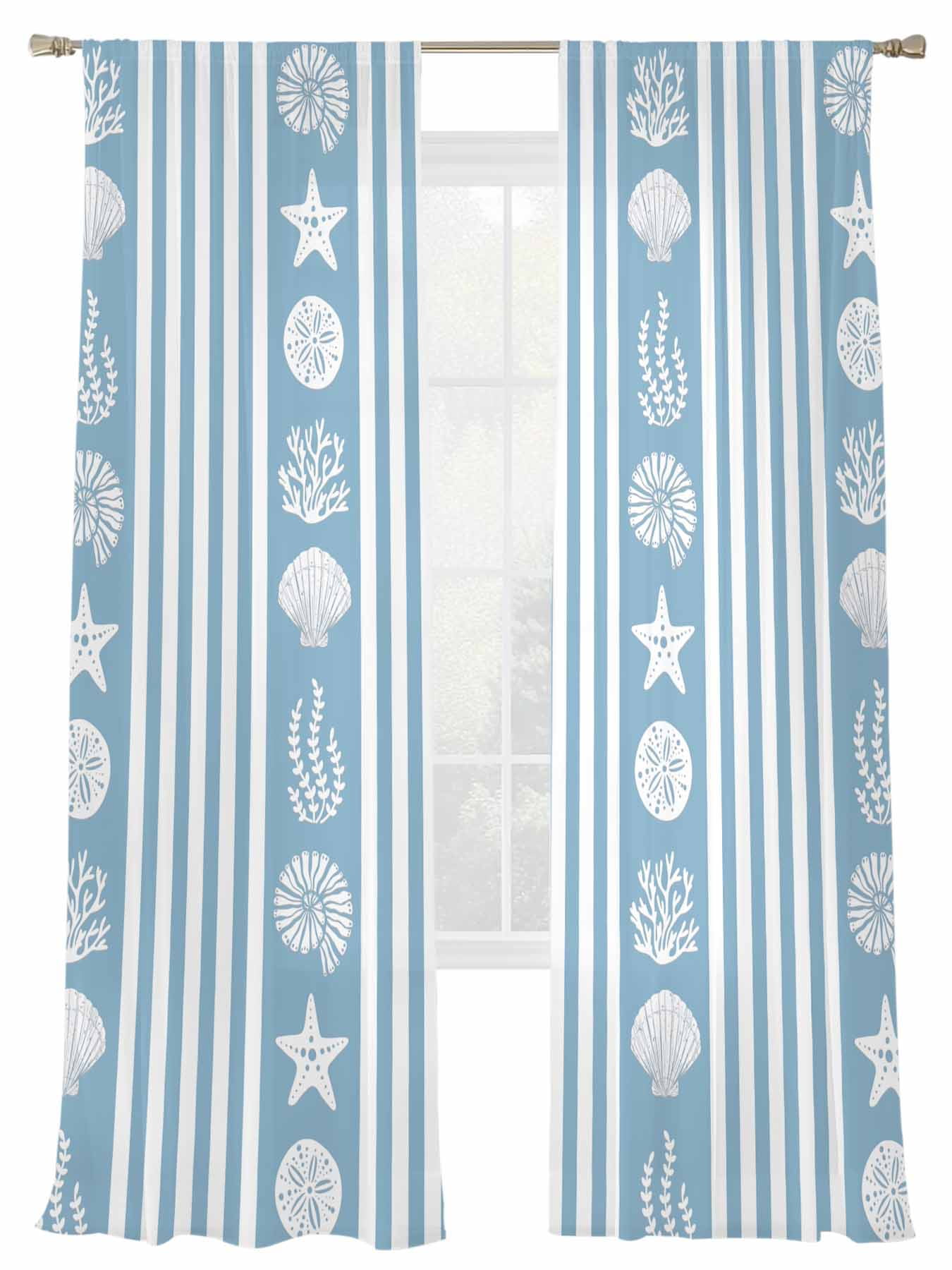 Striped Sheer Curtains 108 inches Long 2 Panels Set Ocean Blue Starfish ...