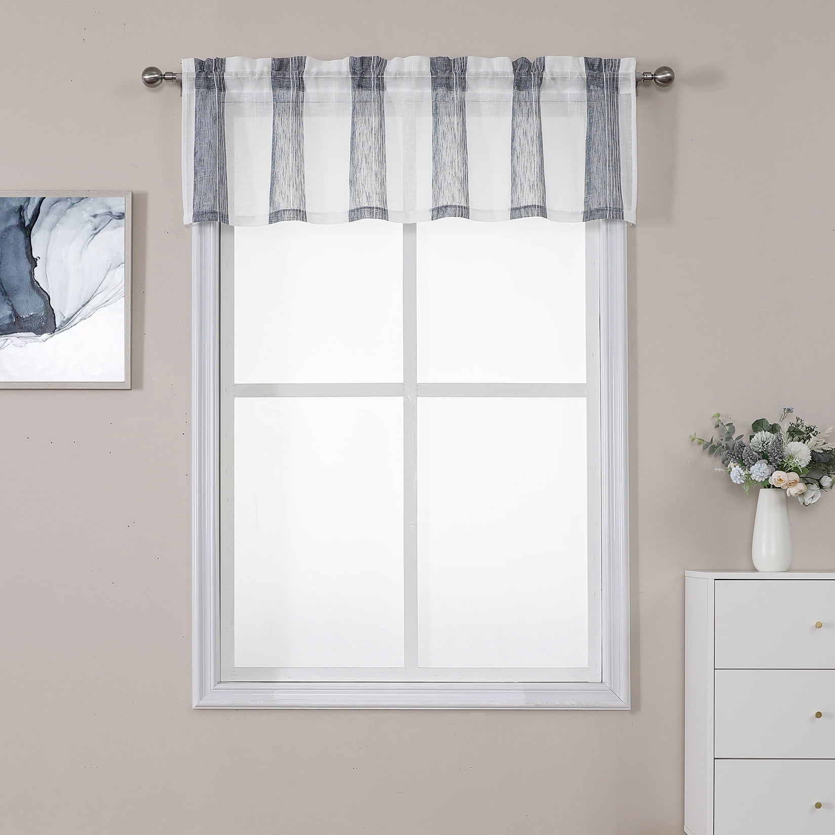 Striped Sheer Valance, Linen Textured Rod Pocket Yarn Dyed Valance ...