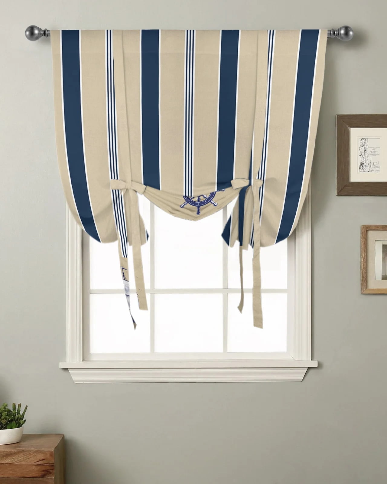 Striped Ship Rudder Anchor Kitchen Short Window Curtain Rod Pocket ...