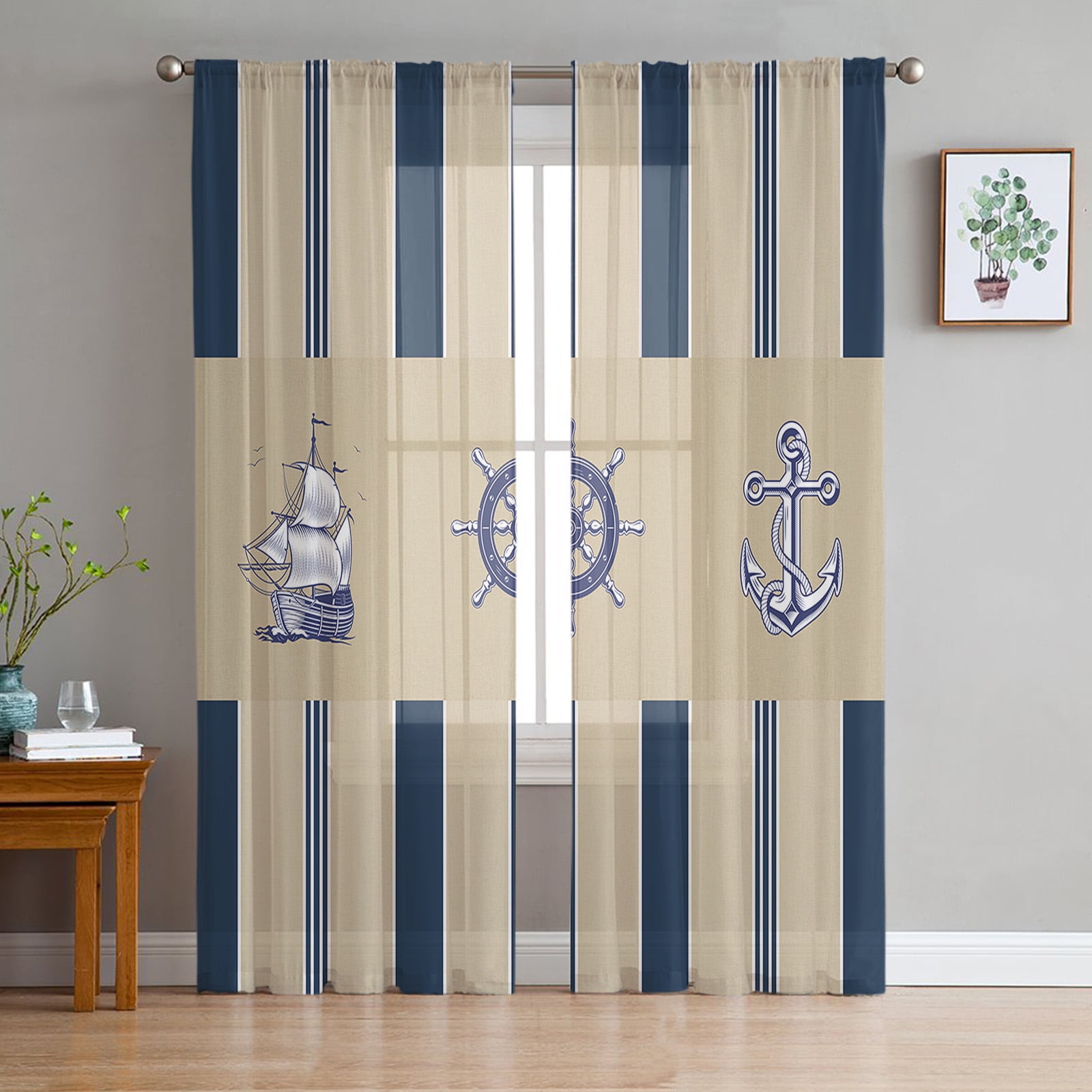 Striped Ship Rudder Anchor Sheer Curtains for Living Room ration Window ...