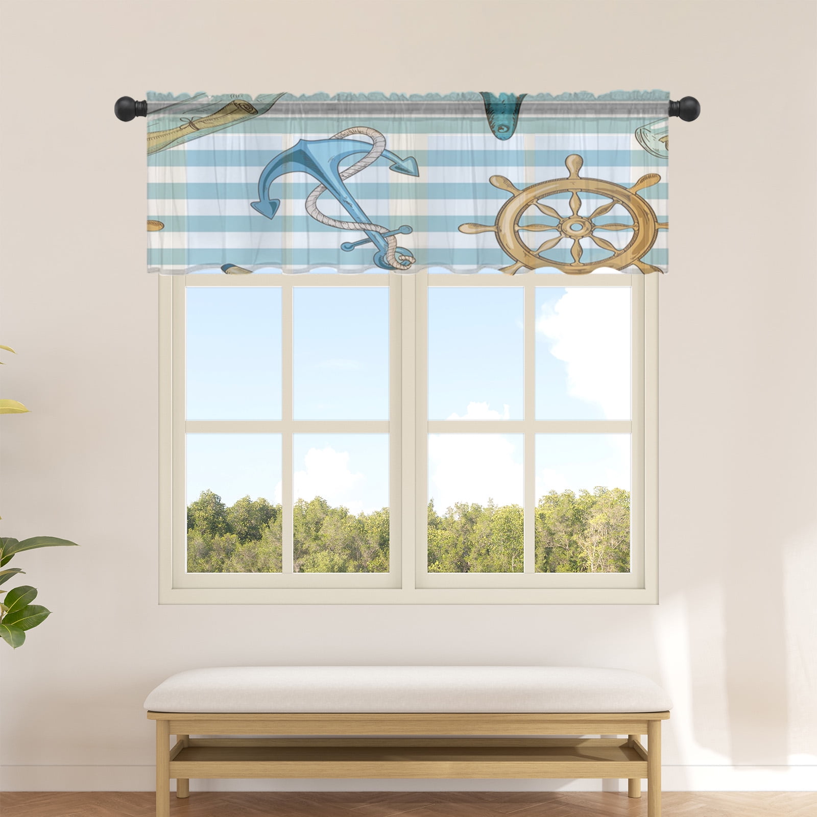 Striped Ship Rudder Anchor Short Tulle Curtains for Kitchen Cafe Sheer ...
