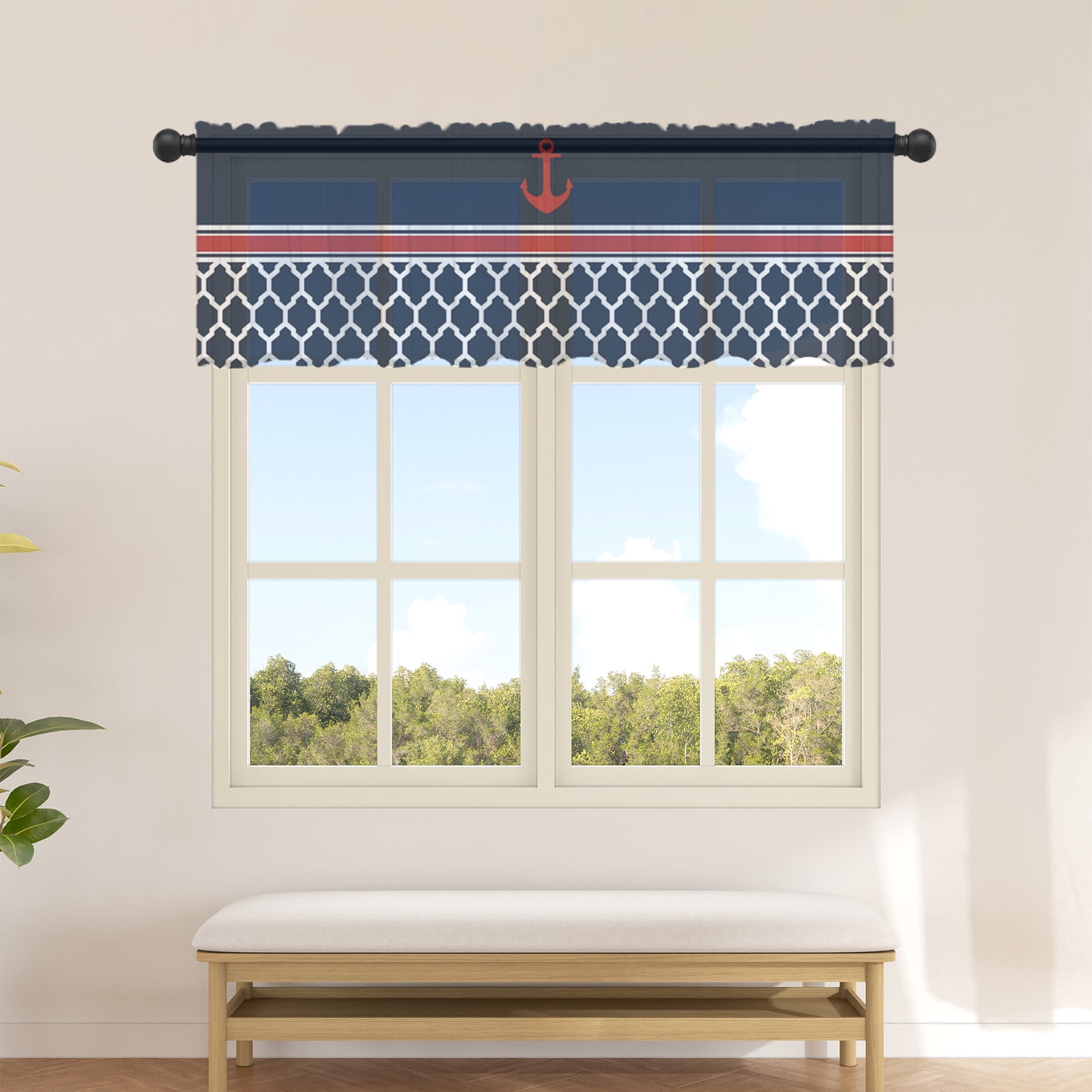 Striped Ship Rudder Anchor Short Tulle Curtains for Kitchen Cafe Sheer ...