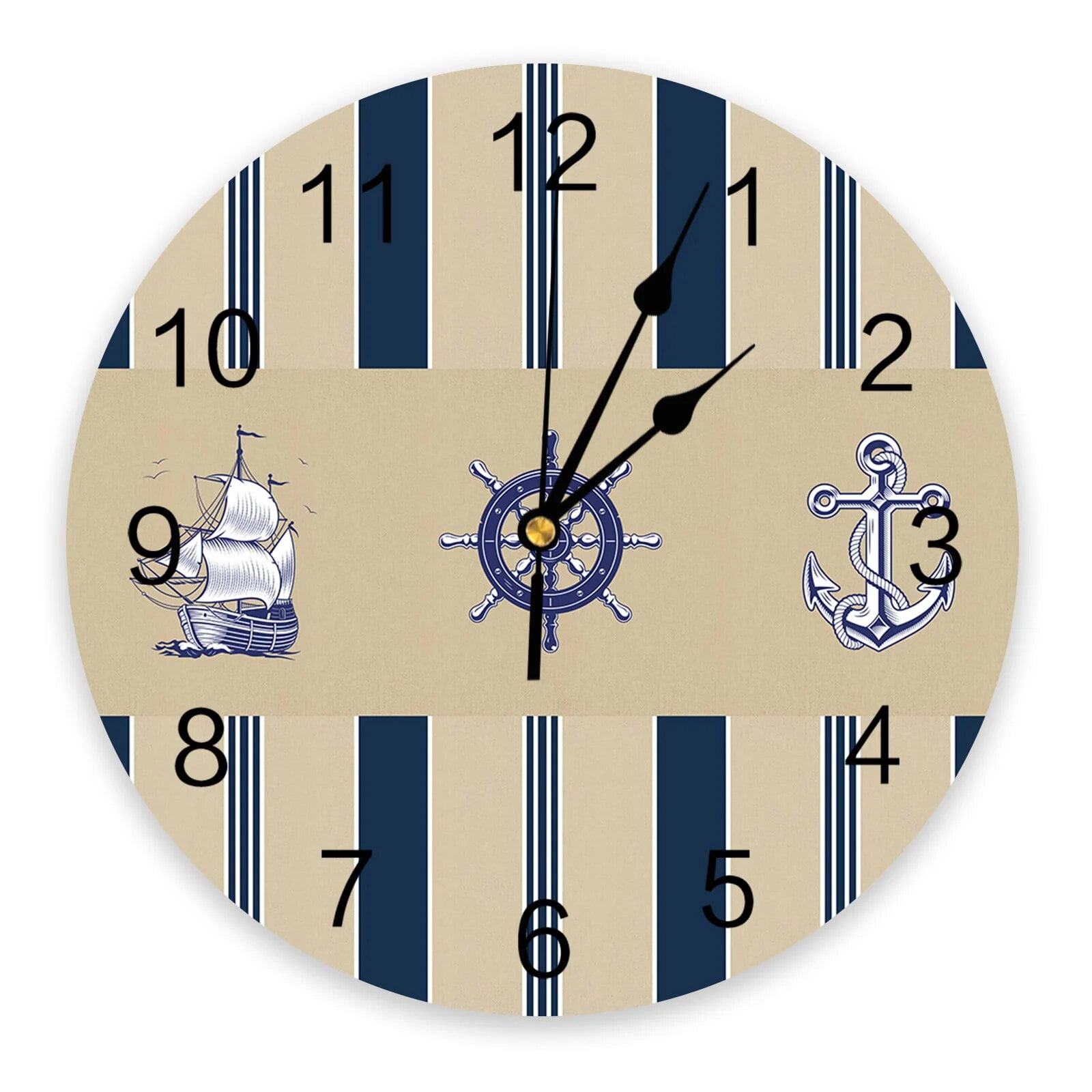 Striped Ship Rudder Anchor Wall Clock Large Modern Kitchen Dinning ...