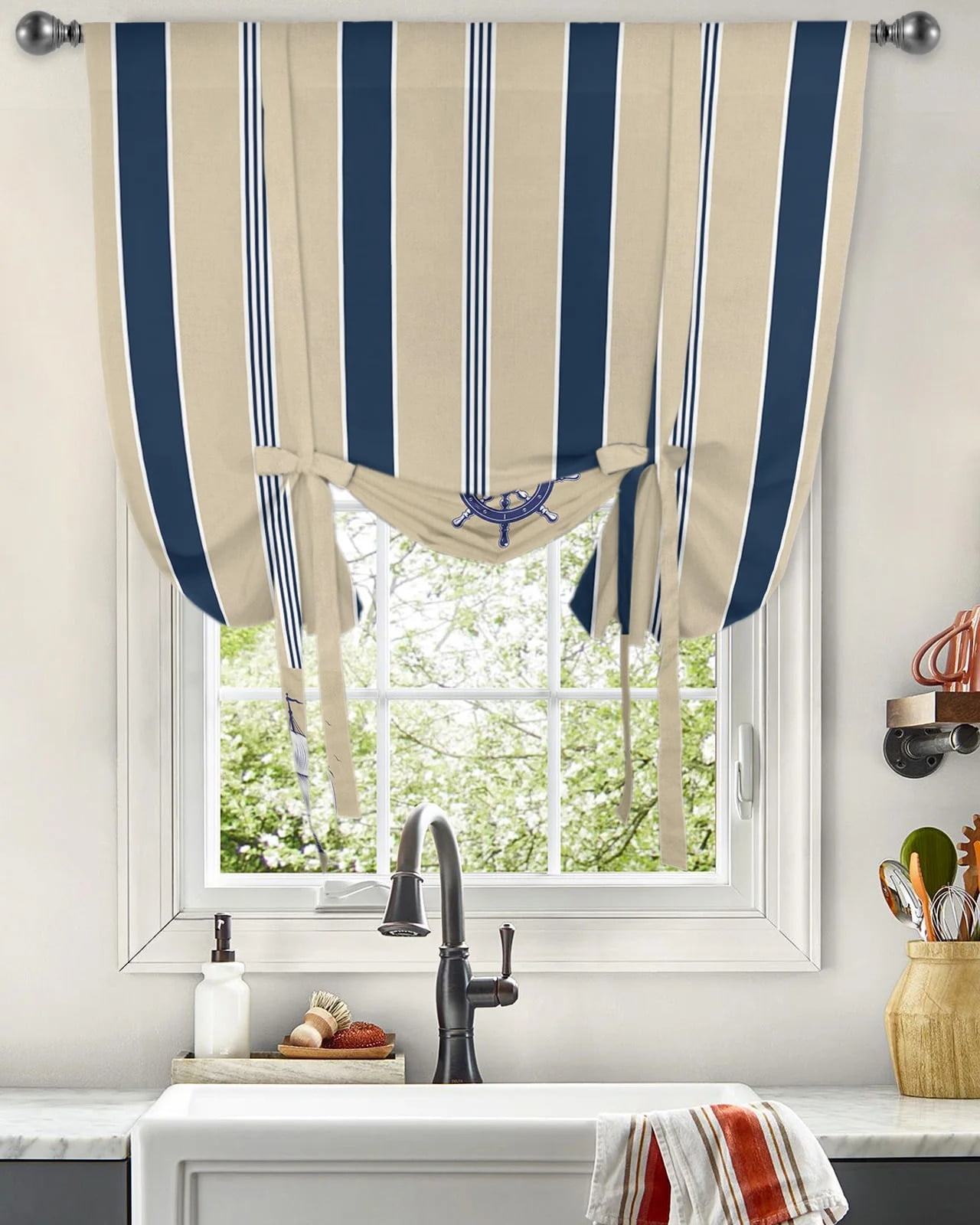 Striped Ship Rudder Anchor Window Curtain for Living Room Kitchen Tie ...