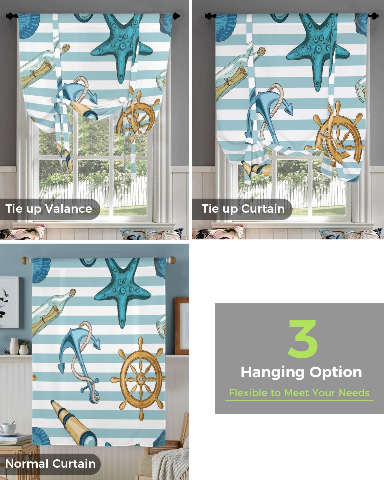Striped Ship Rudder Anchor Window Curtain for Living Room Kitchen Tie ...