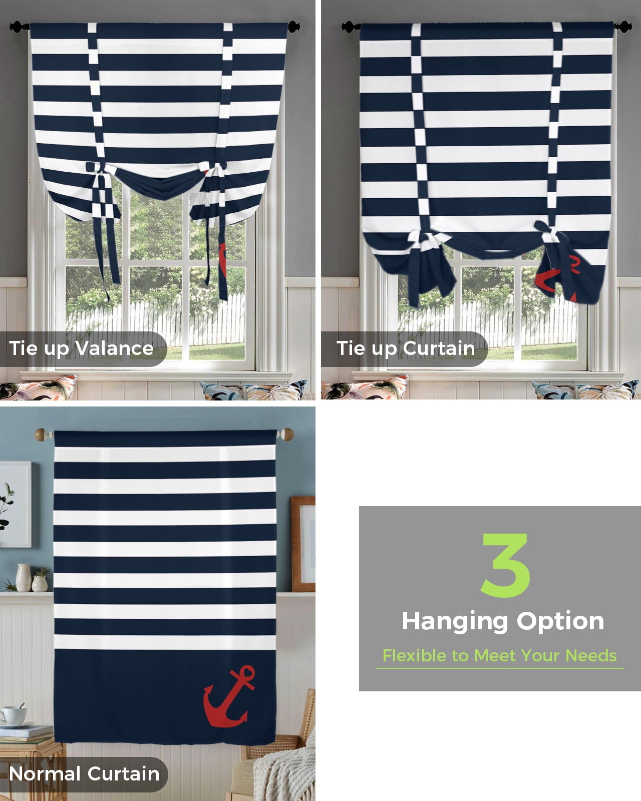 Striped Ship Rudder Anchor Window Curtain for Living Room Kitchen Tie ...