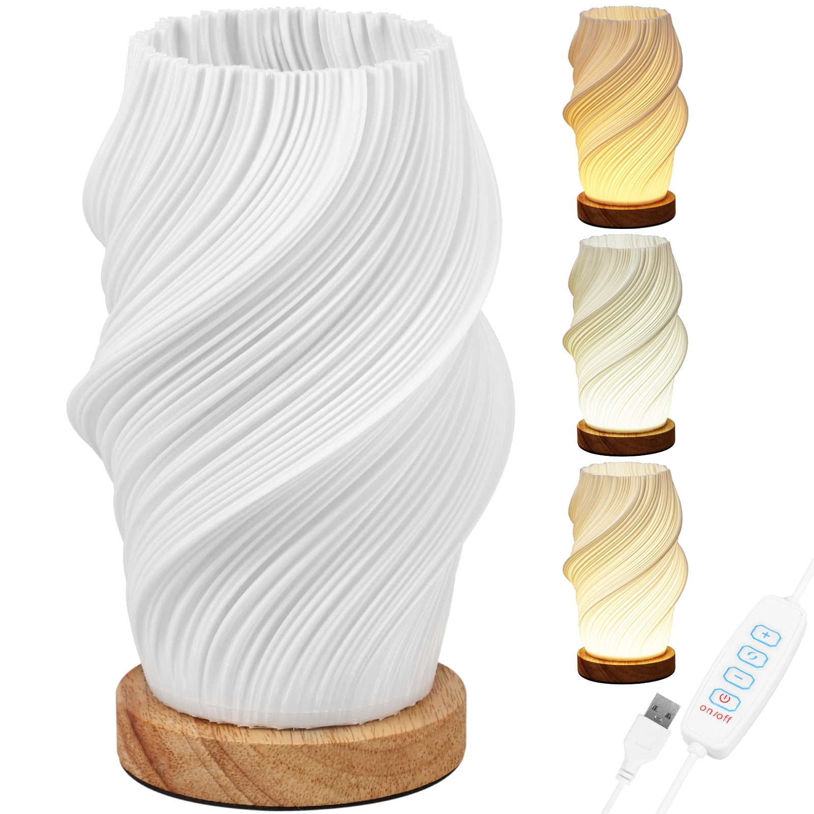 Striped Small Night Lamp With Wood Base Vintage Style Button Control ...