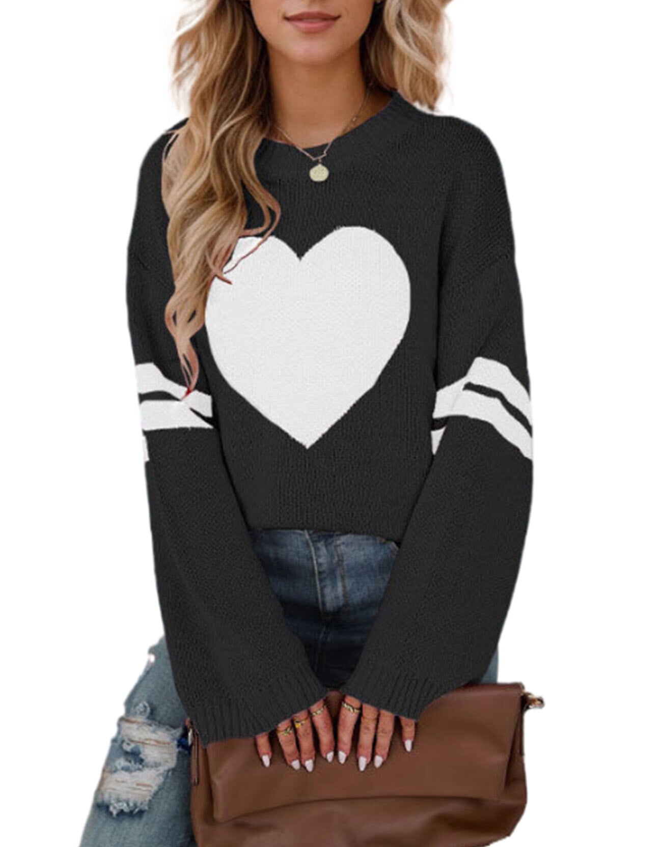 Striped Sweaters for Women Valentine's Day Cute Heart Print Crewneck Long Sleeve Knitted ...