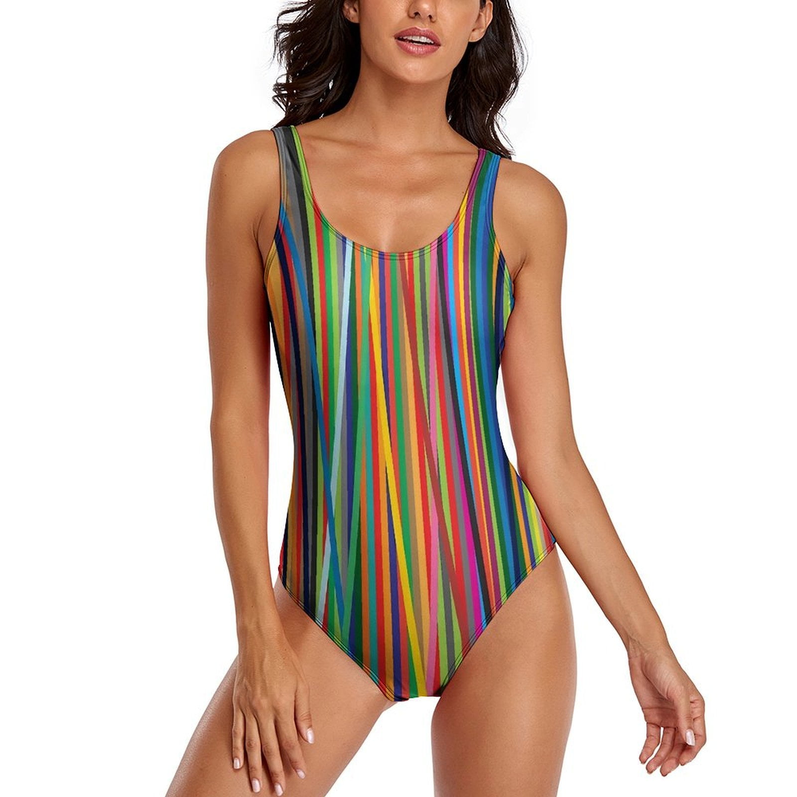 Striped Swimsuit Colorful Print Swimwear One Piece Swim Design Bodysuit Cut Out Bathing Suits ...