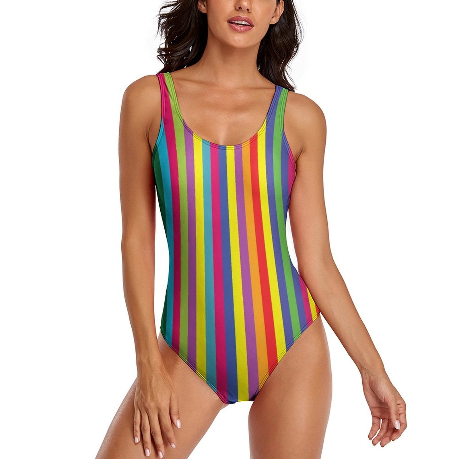 Striped Swimsuit Vertical Lines One Piece Swimwear Push Up Bodysuit Retro Holiday Rave Bathing ...