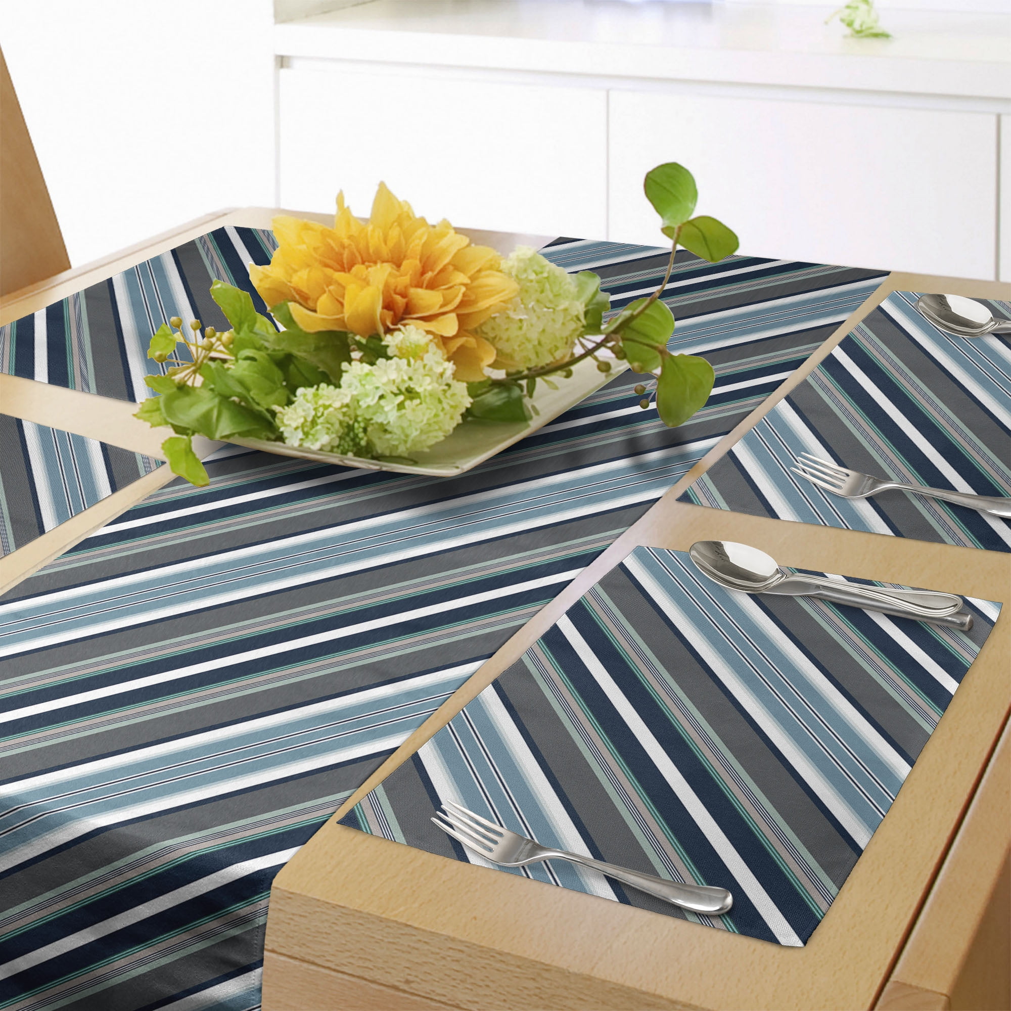 Striped Table Runner & Placemats, Navy Retro Style Diagonal Stripes ...