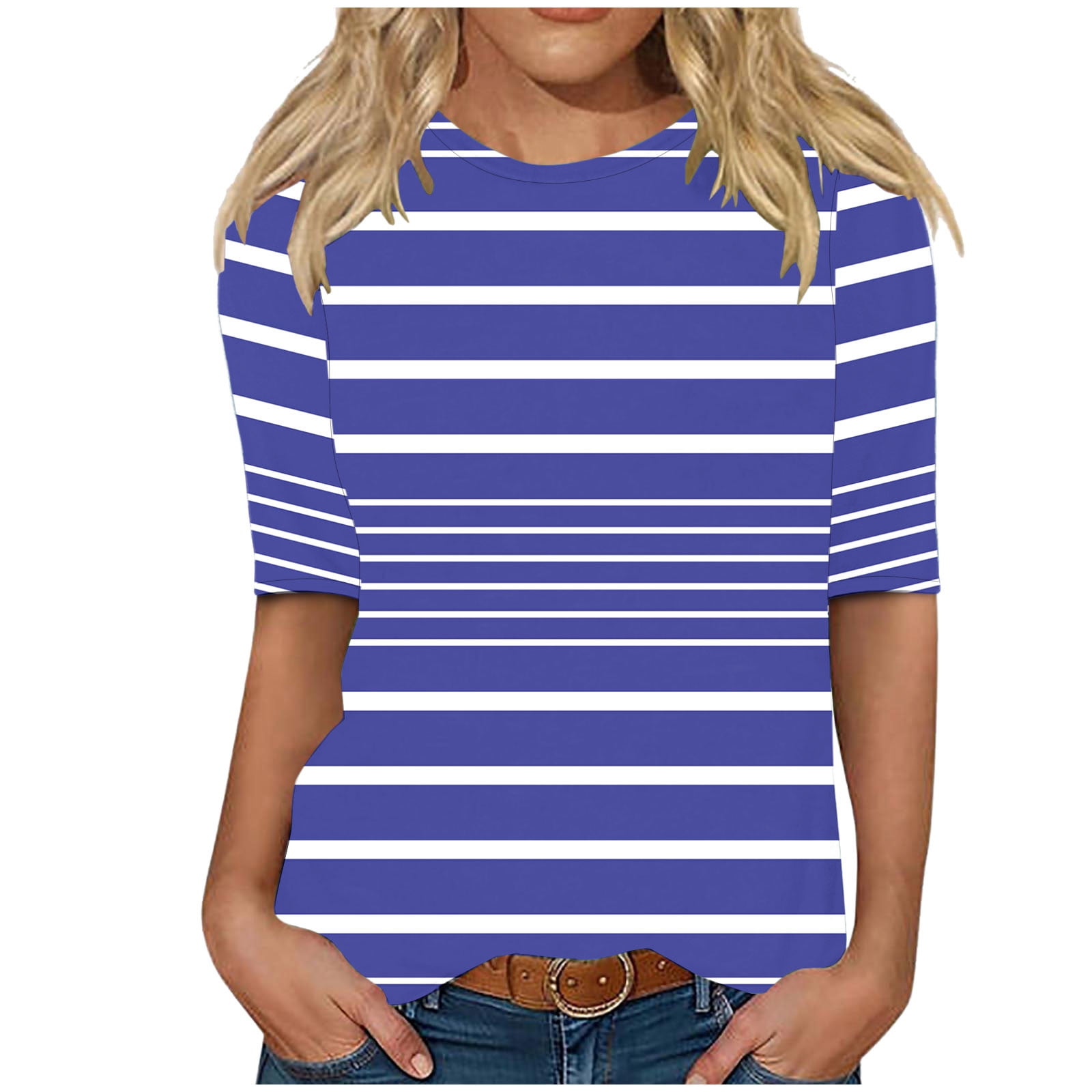 Striped Tee Shirts for Women Round Neck 3/4 Sleeve Shirt Tops Trendy ...