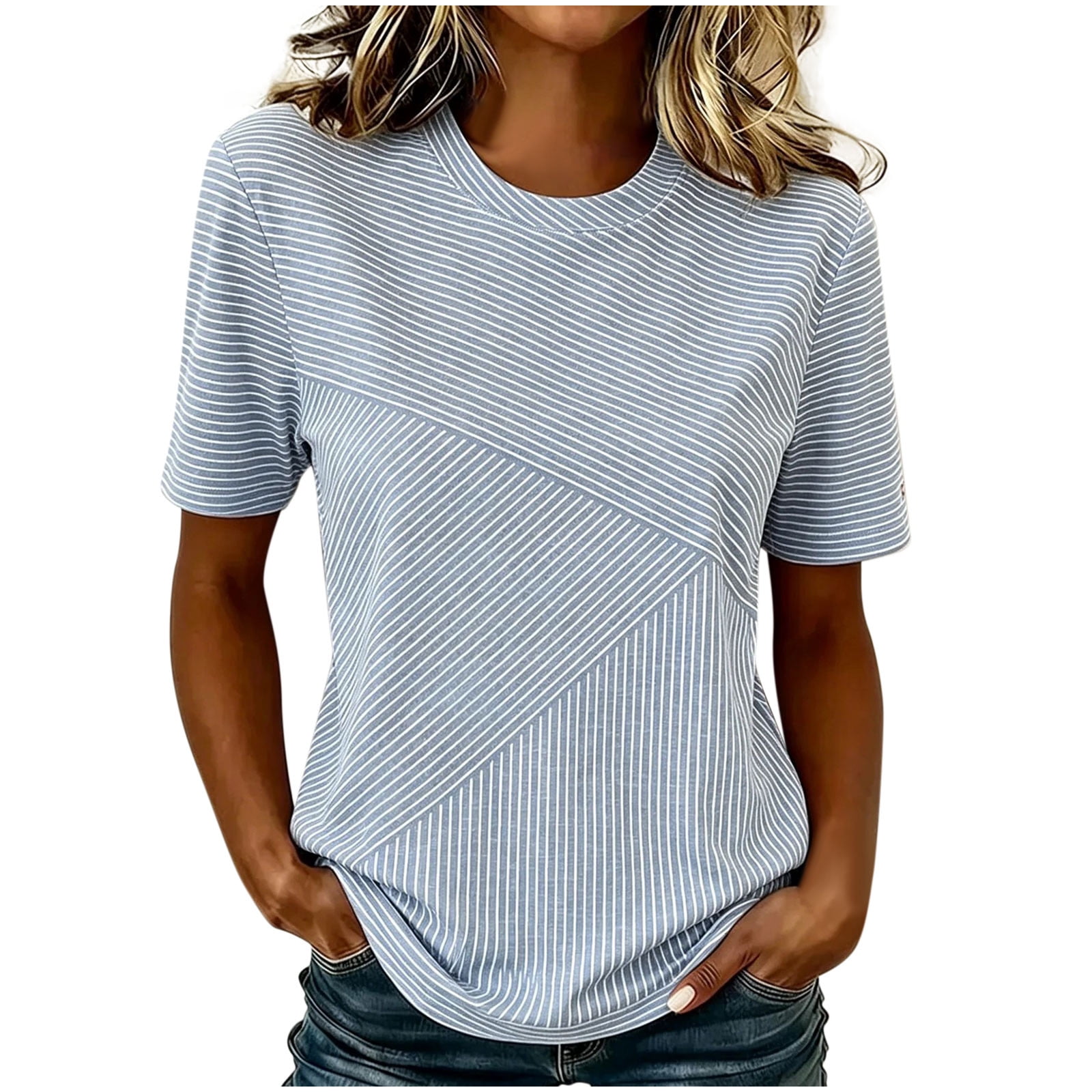 Striped Tops for Women Crew Neck Casual Short Sleeve Tees Summer Loose ...