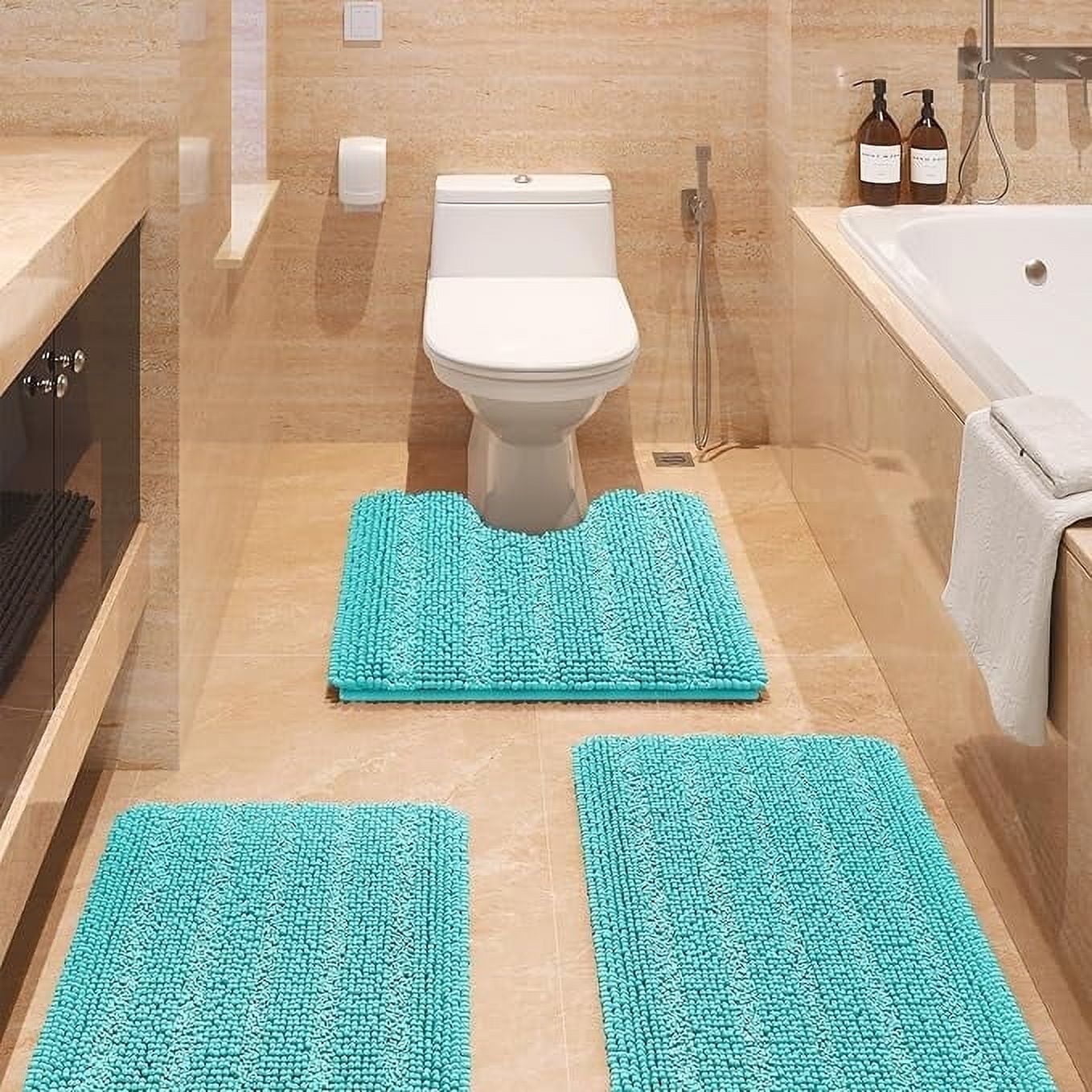 Striped Turquoise Bathroom Rug Set 3 Pieces Gray Ultra Soft, Non Slip ...