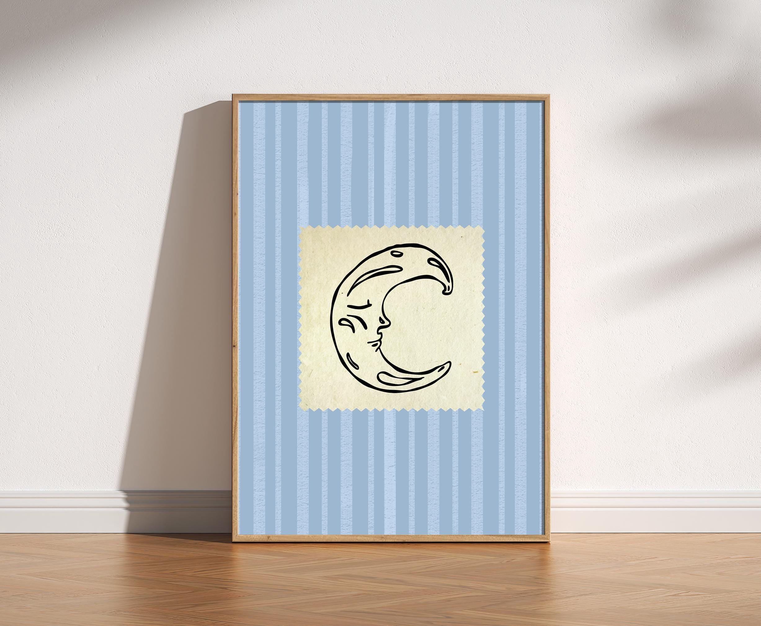 Striped Vintage Style Crescent Moon Face Print Celestial Wall Art Mid ...