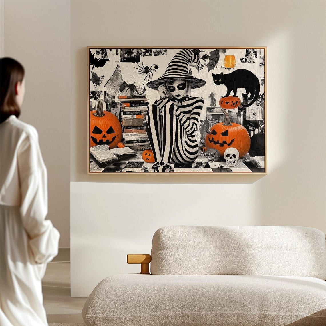 Striped Witch Art Collage Black Cat Pumpkins Skulls Gothic Surreal ...