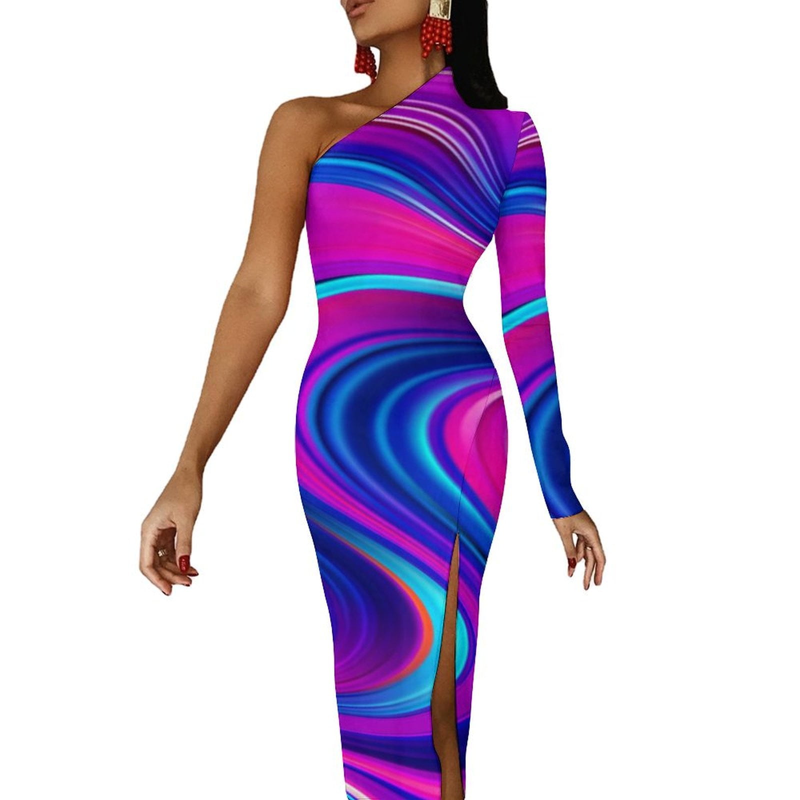 Stripes Bodycon Dress Summer Colorful Lines Print Cute Side Split Long ...