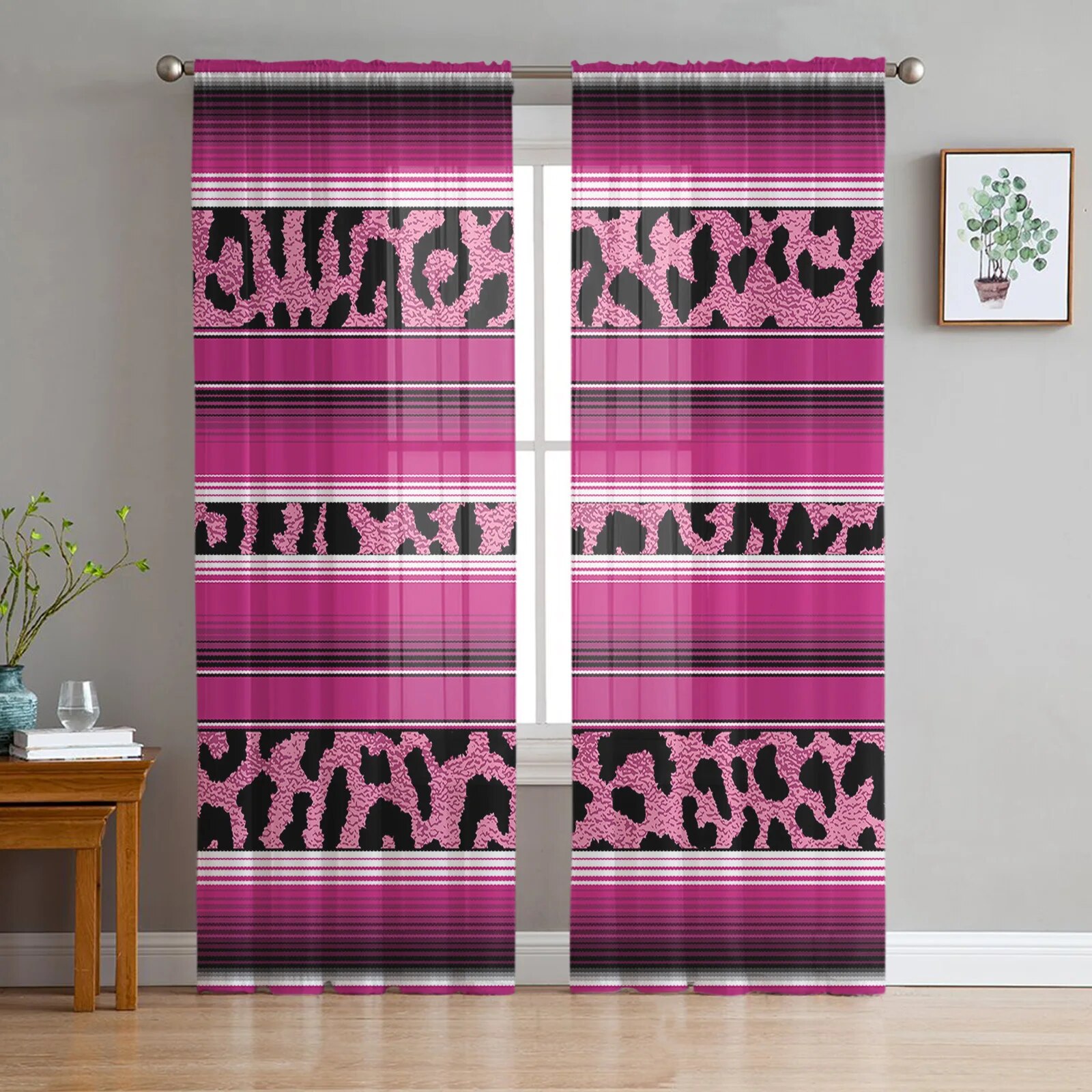 Stripes Green Black Leopard Zebra Print Sheer Curtains for Living Room ...