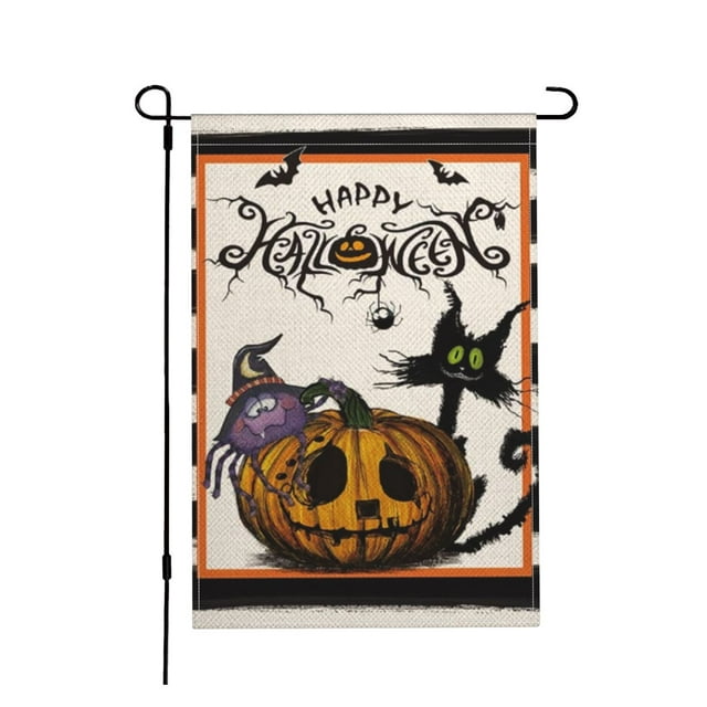 Stripes Happy Halloween Garden Flag Jack-O'-Lantern Black Cat Bat Cute ...