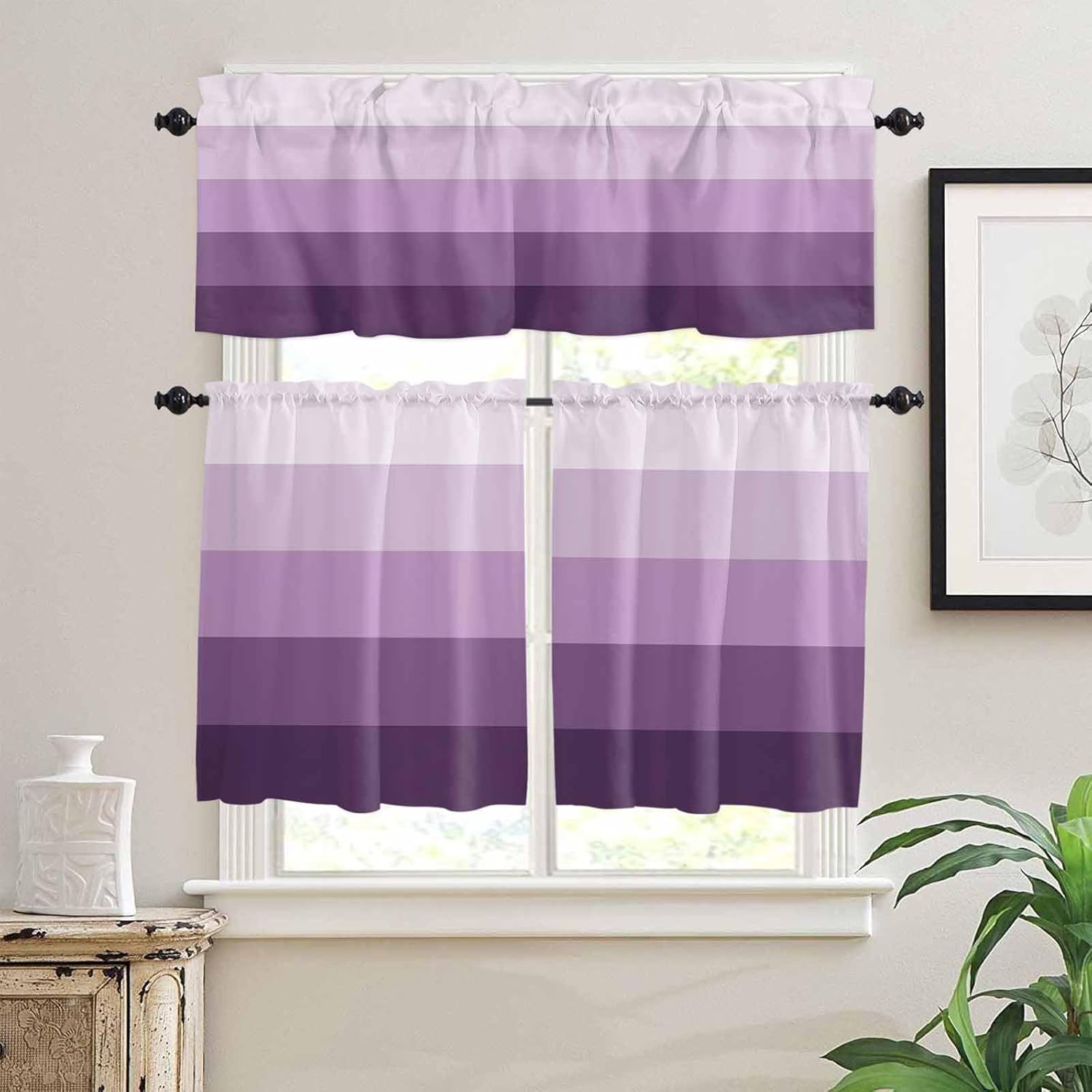 Stripes Kitchen Window Curtain Set with Tiers and Valance 3 Pieces Rod ...