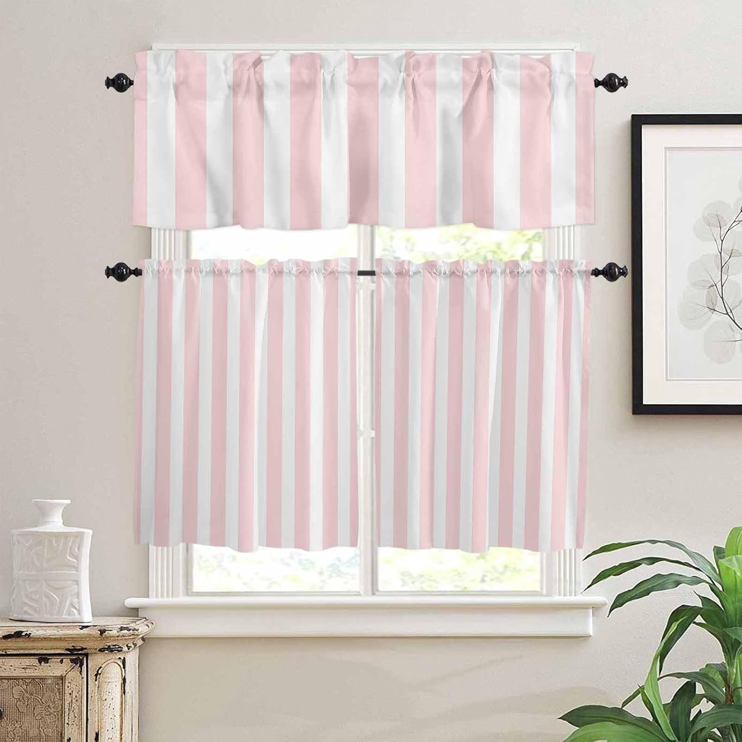 Stripes Kitchen Window Curtain Set with Tiers and Valance 3 Pieces Rod ...