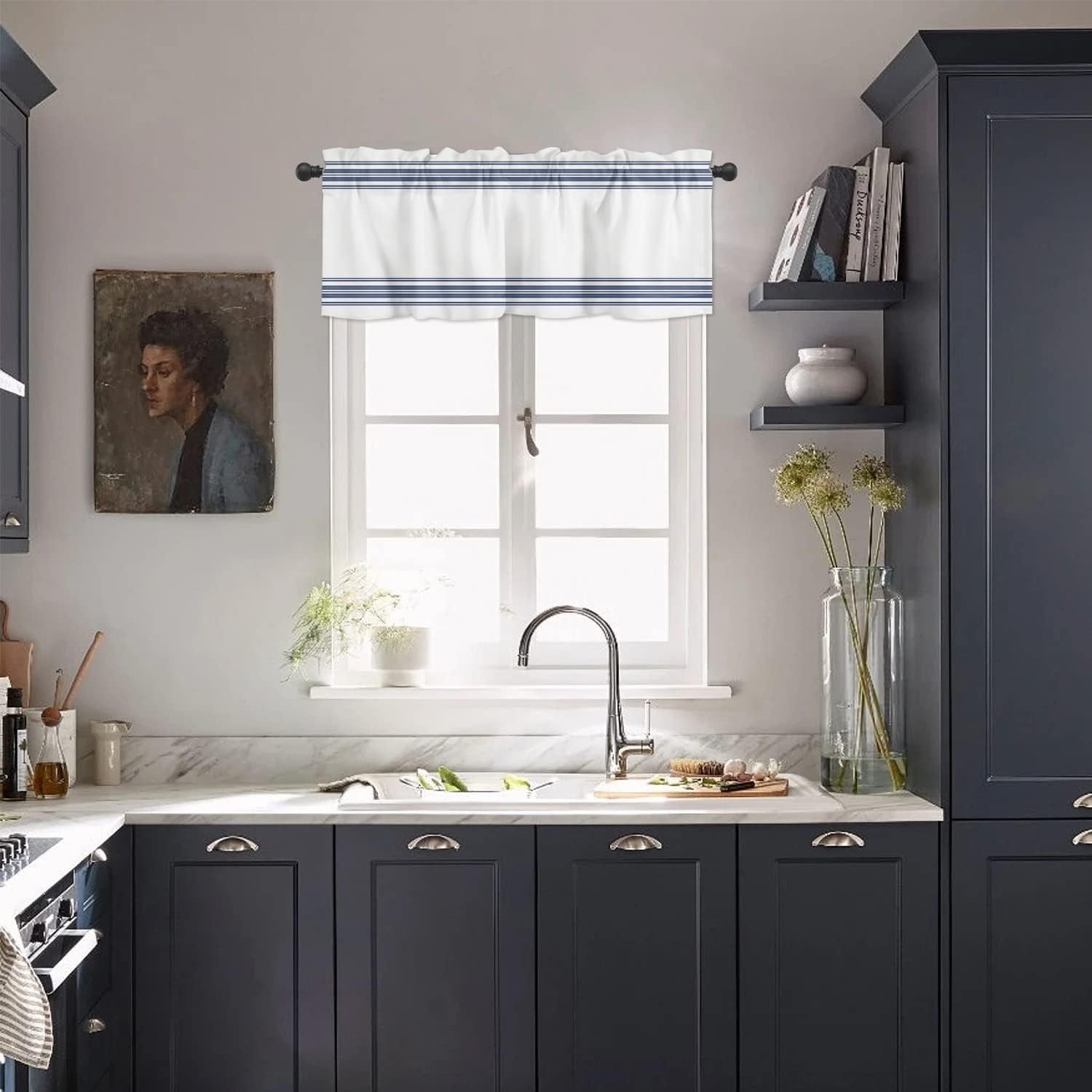 Stripes Windows Valances Curtain Blue Ticking Vertically Stripe Kitchen ...