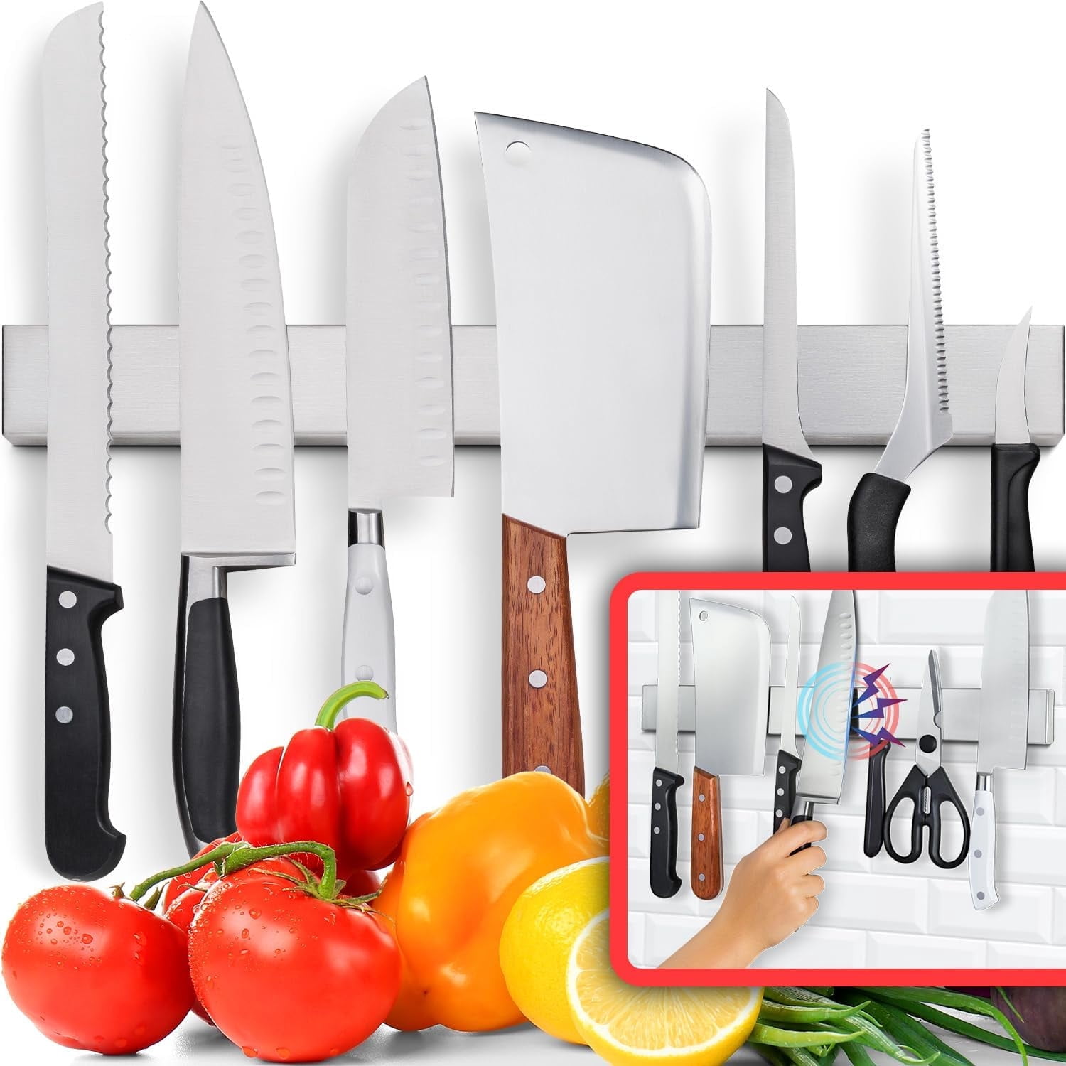 Strong Adhesive (No Drill) Magnetic Knife Holder for Wall ...