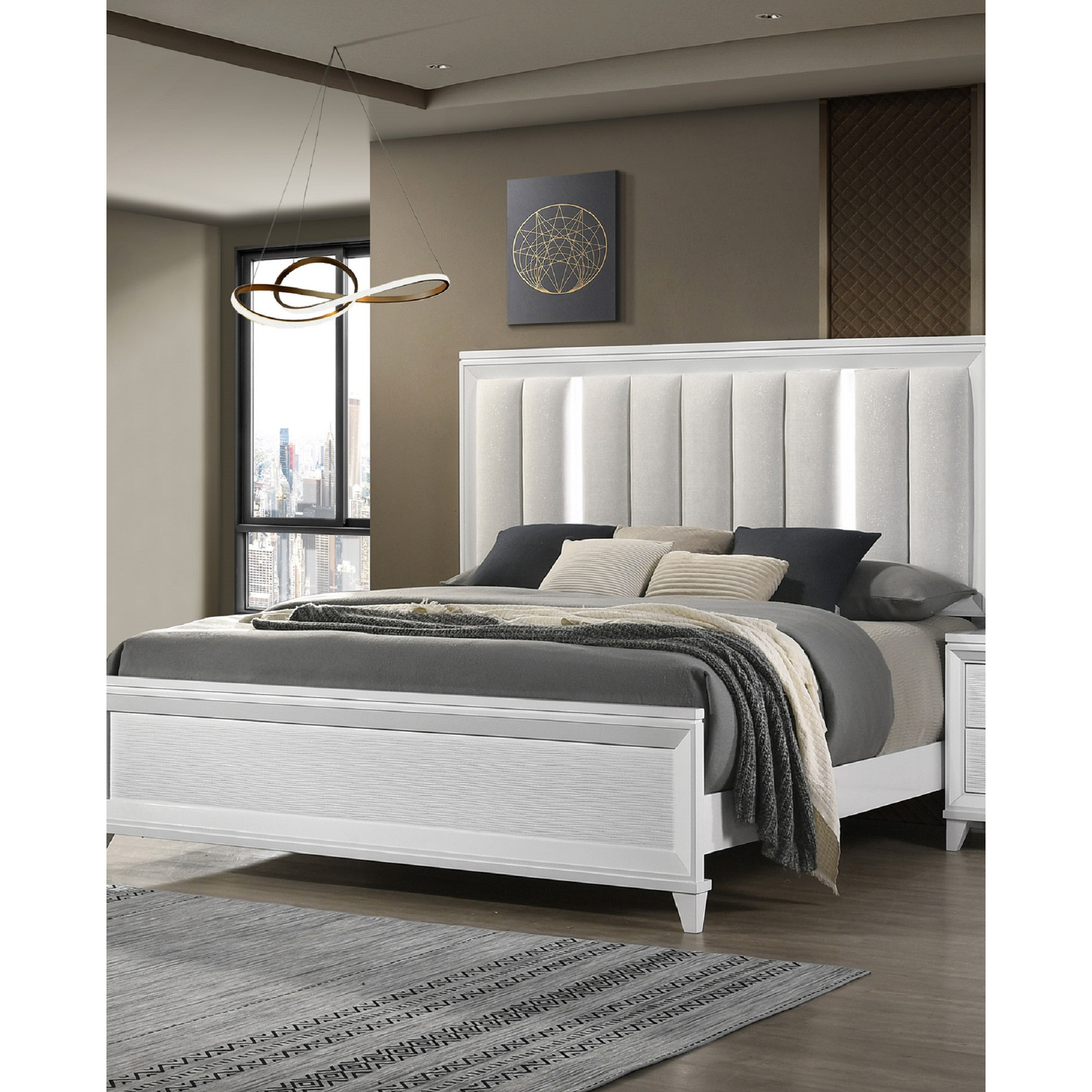 Strong And Robust Queen Size Bed With Linen Upholstered Headboard Led ...