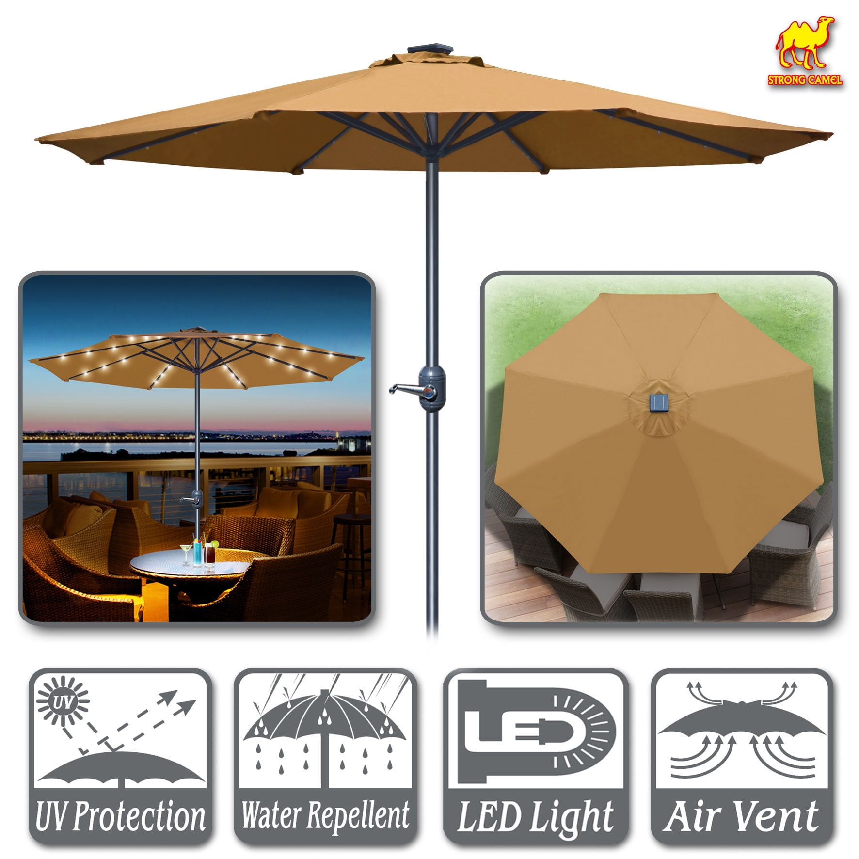 Strong Camel 9' Aluminum Solar Powered Patio Umbrella 24 LED Light ...