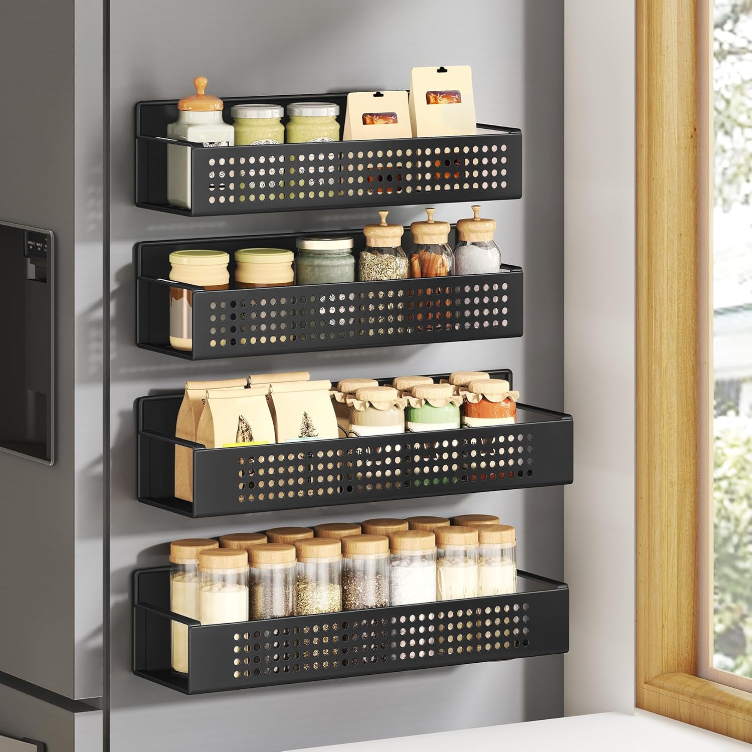 Strong Magnetic Spice Rack for Refrigerator, Set of 4, 2 Large and 2 ...
