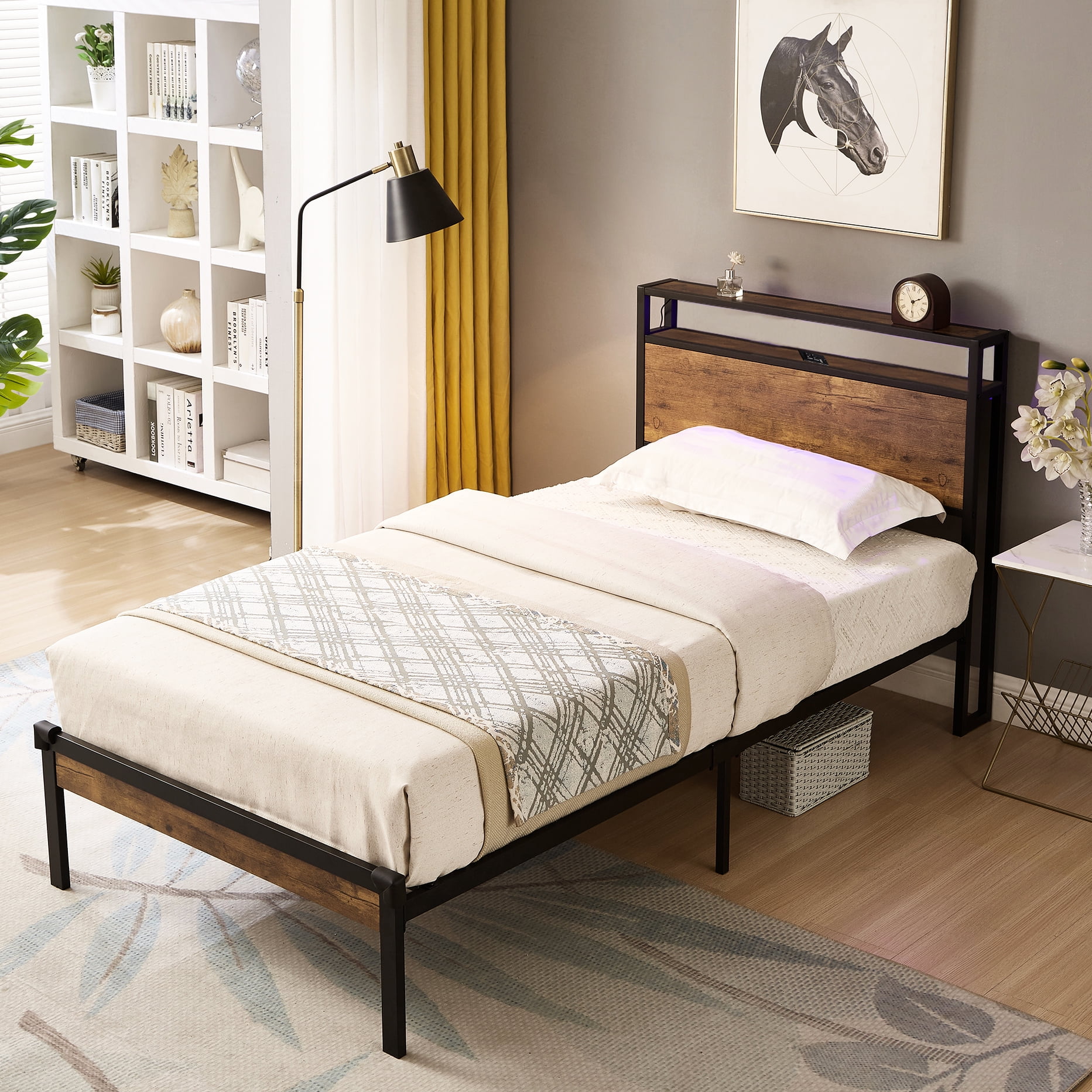Strong Twin Metal Platform Bed Frame With Wooden Ends - Function, No ...