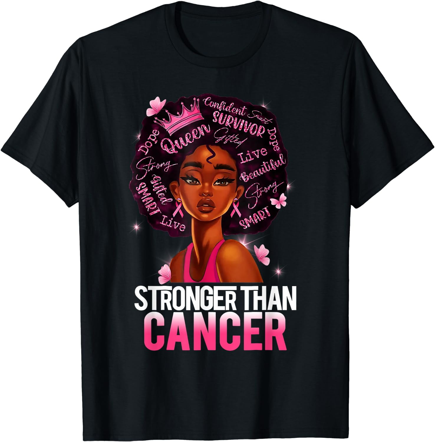 Stronger Than Cancer Black Queen Breast Cancer Pink Ribbon T-Shirt ...