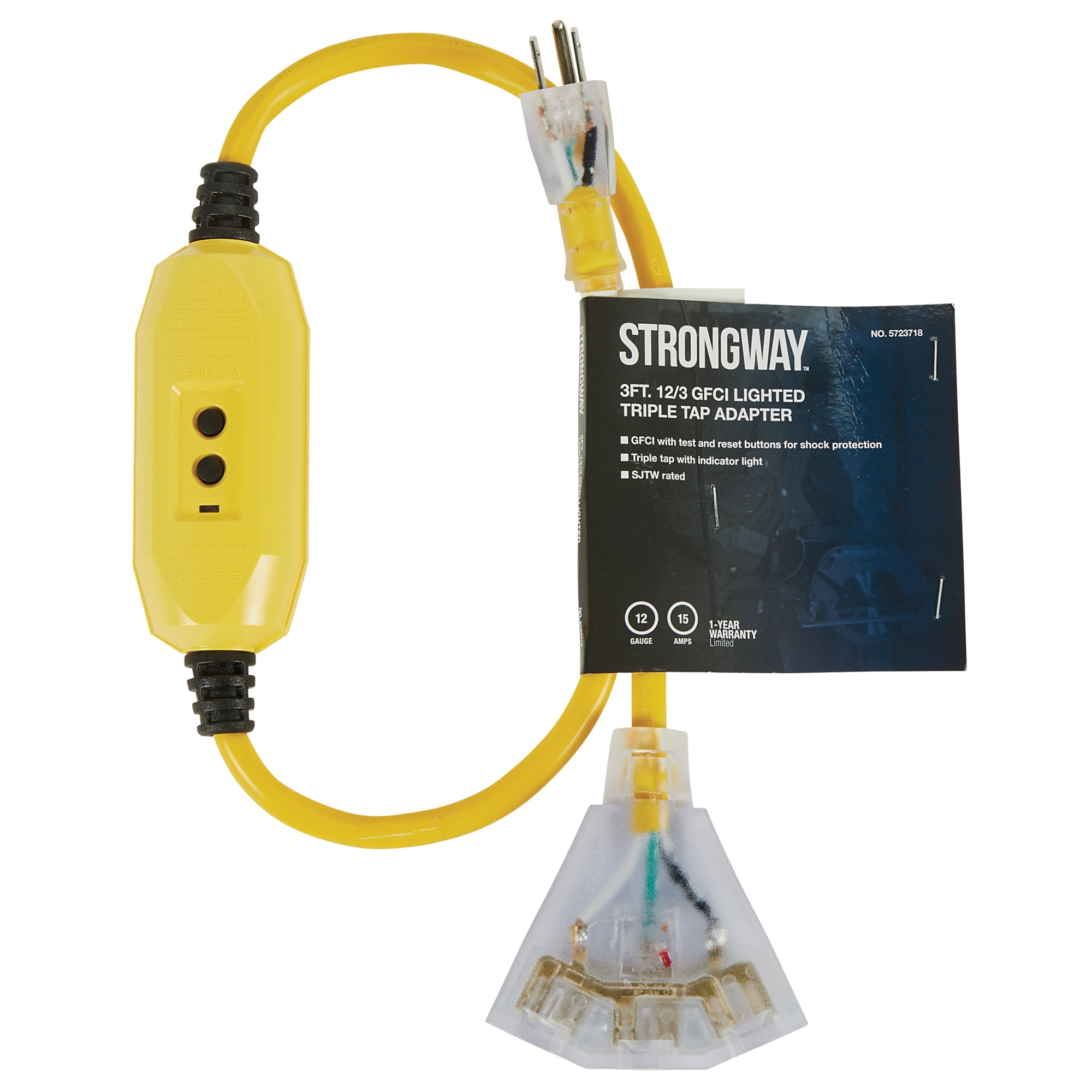Strongway GFCI Lighted Triple Adapter, 3ft.L, 12/3-Ga, 15 Amps, Model ...
