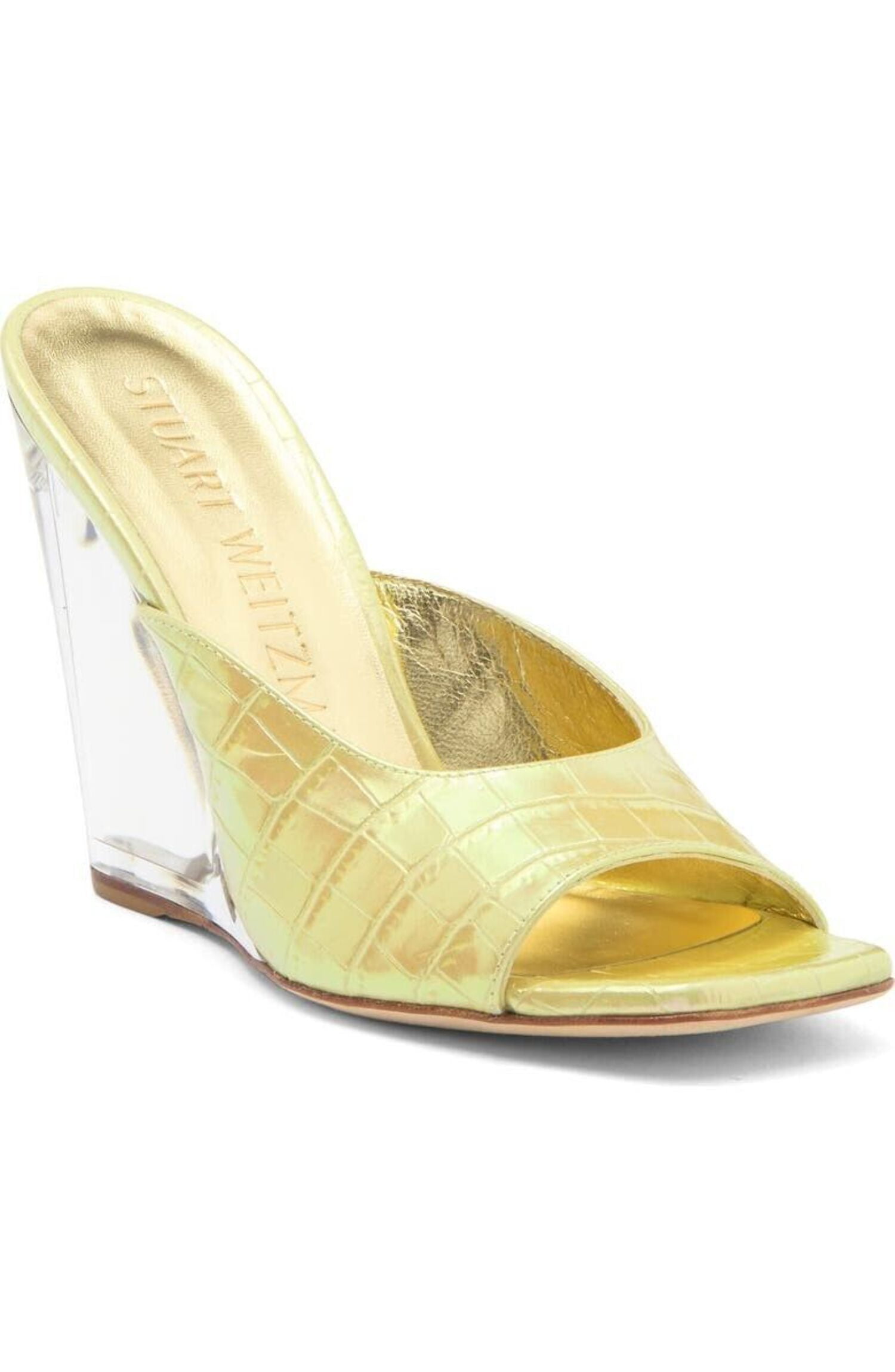 Stuart Weitzman Tia 100 Lucite Sandals Women 10.5 Gold Slip-On Wedge ...